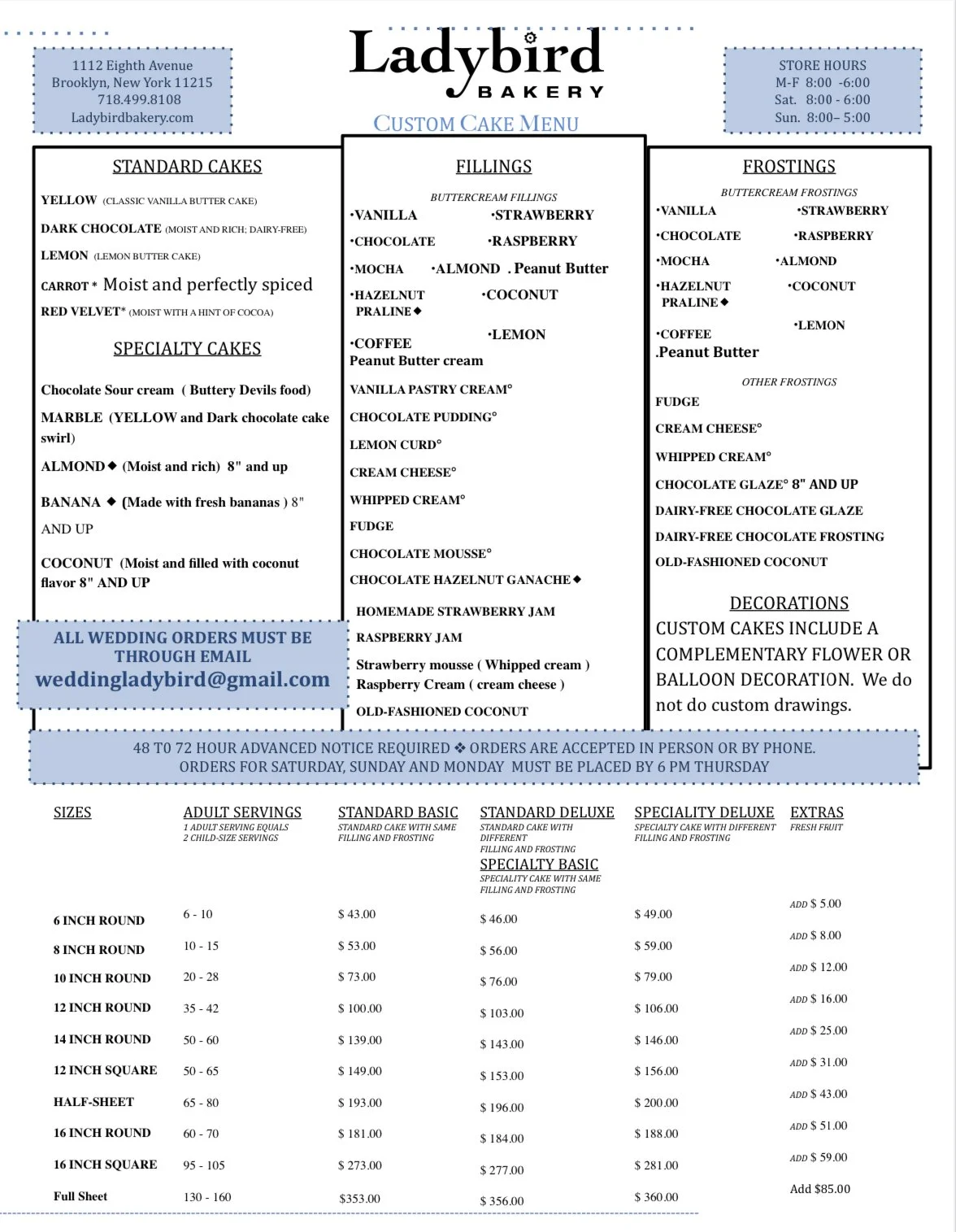Custom Cake Menu — Ladybird Bakery