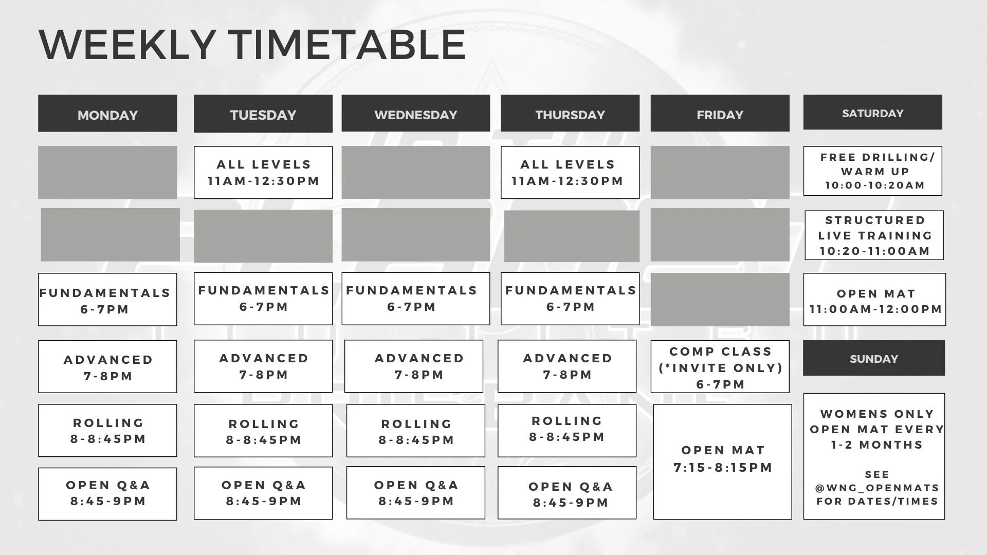Timetable — 10th Planet Brisbane
