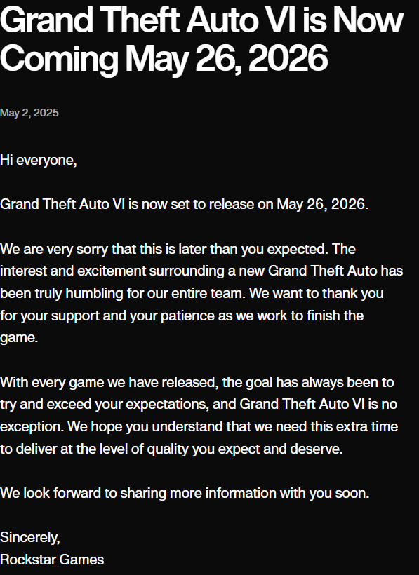 Grand Theft Auto 6 Delayed to May 2026 — GameTyrant
