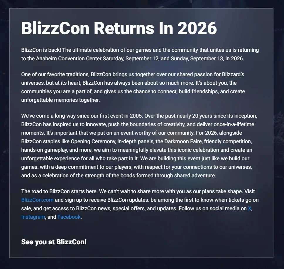 Blizzcon Returns In 2026 For The First Time After 2 Year Absence ...
