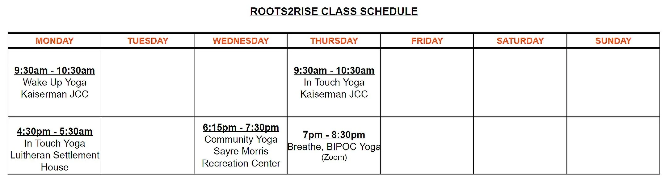 COMMUNITY CLASS SCHEDULE — Roots2Rise