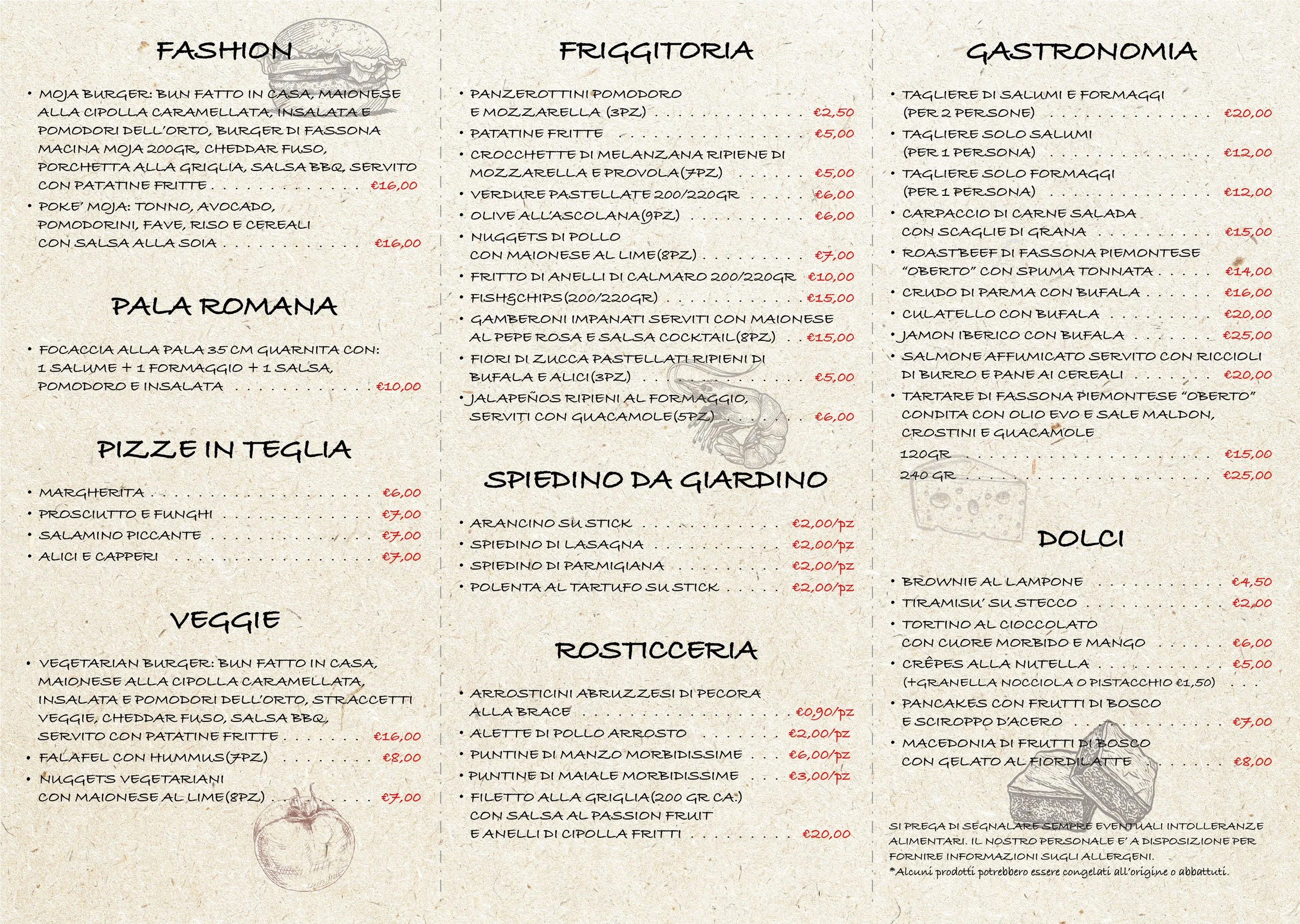 MENU APERICENA — Moja Ristorante