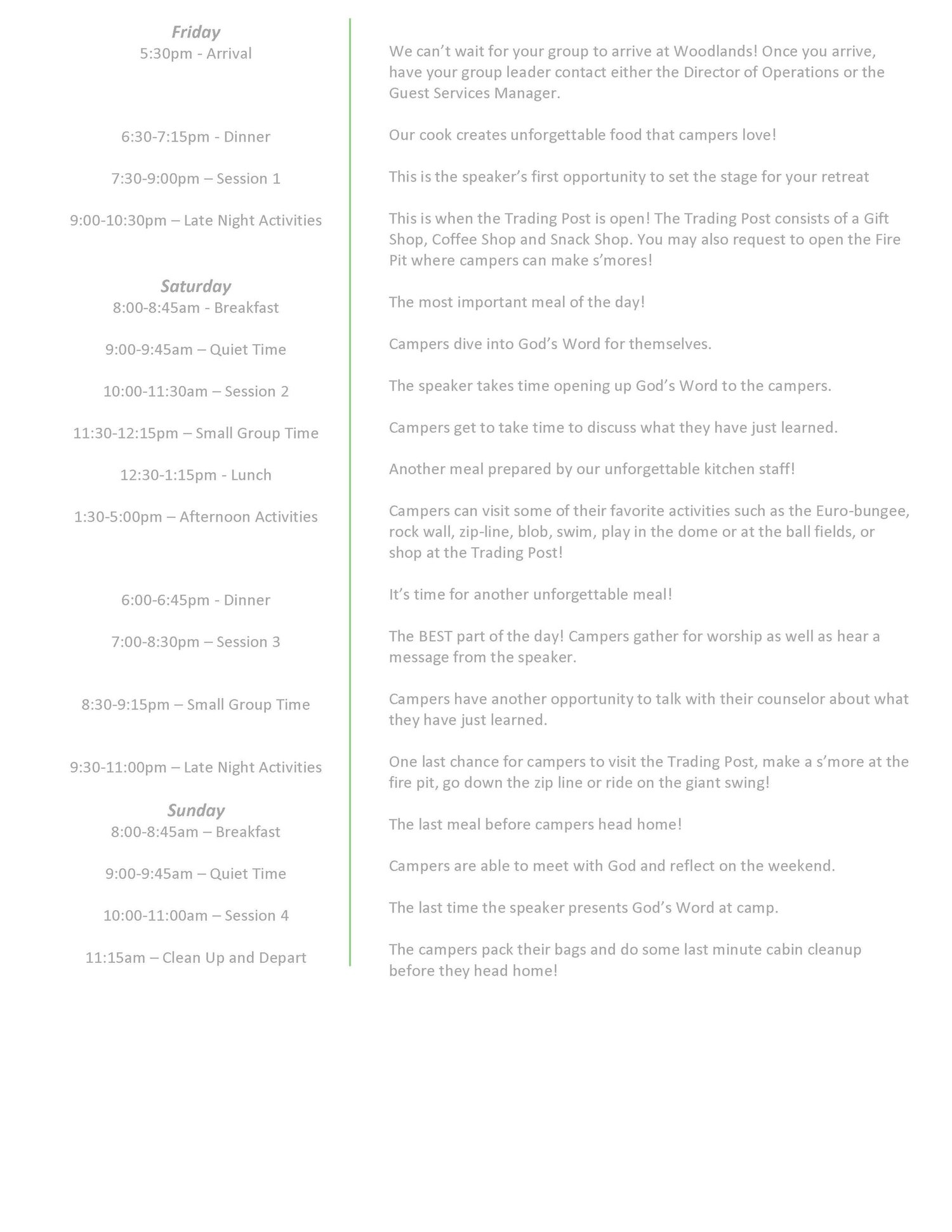 Retreat Sample Schedule — Woodlands Camp