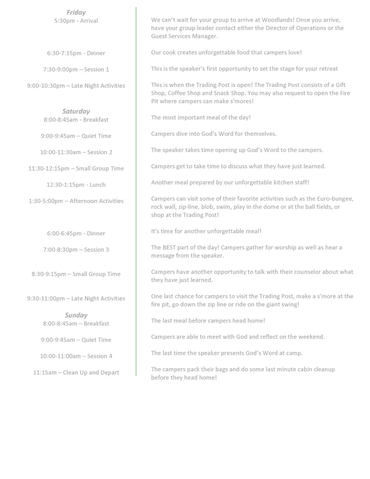 Retreat Sample Schedule — Woodlands Camp