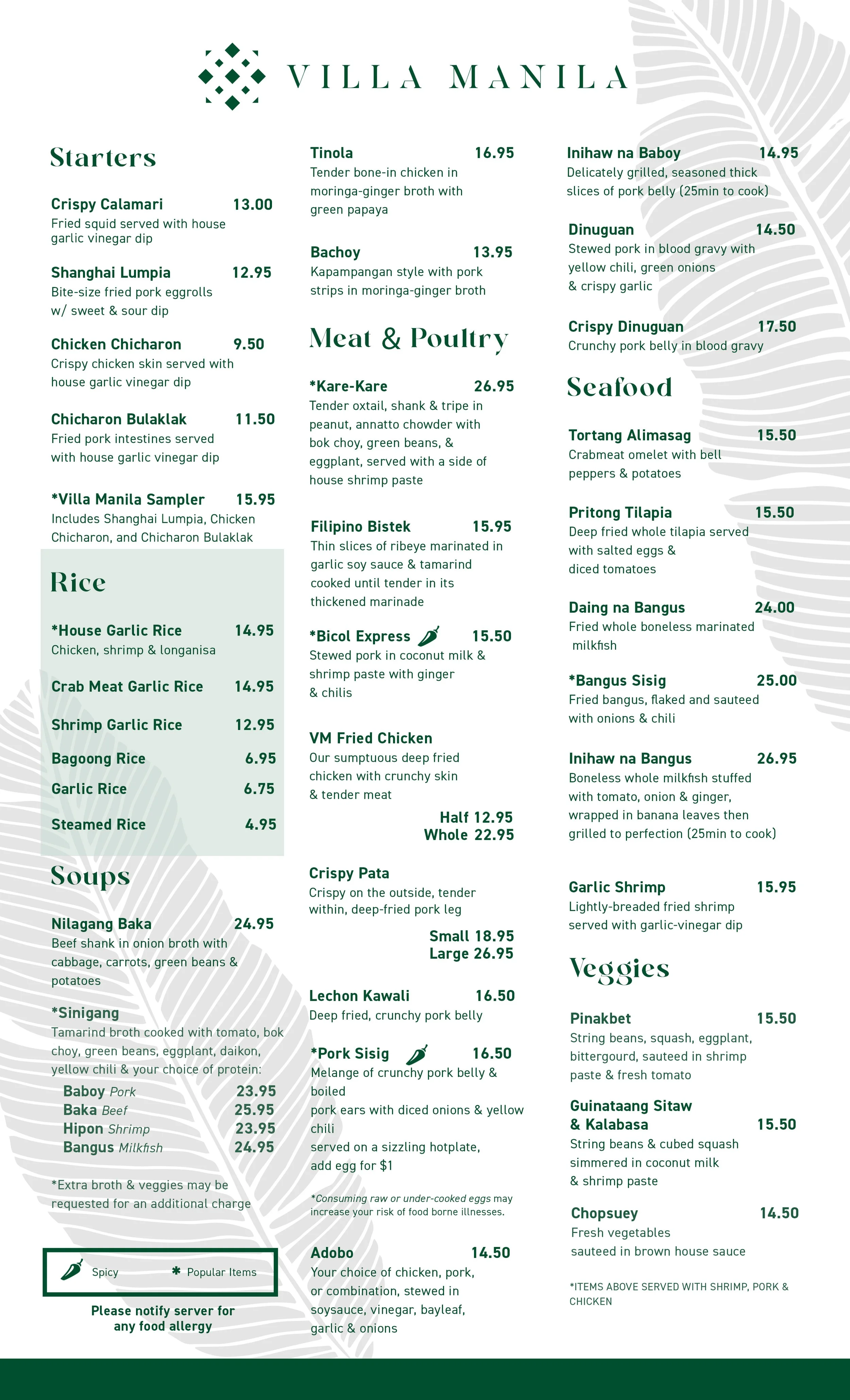 Menu — Villa Manila