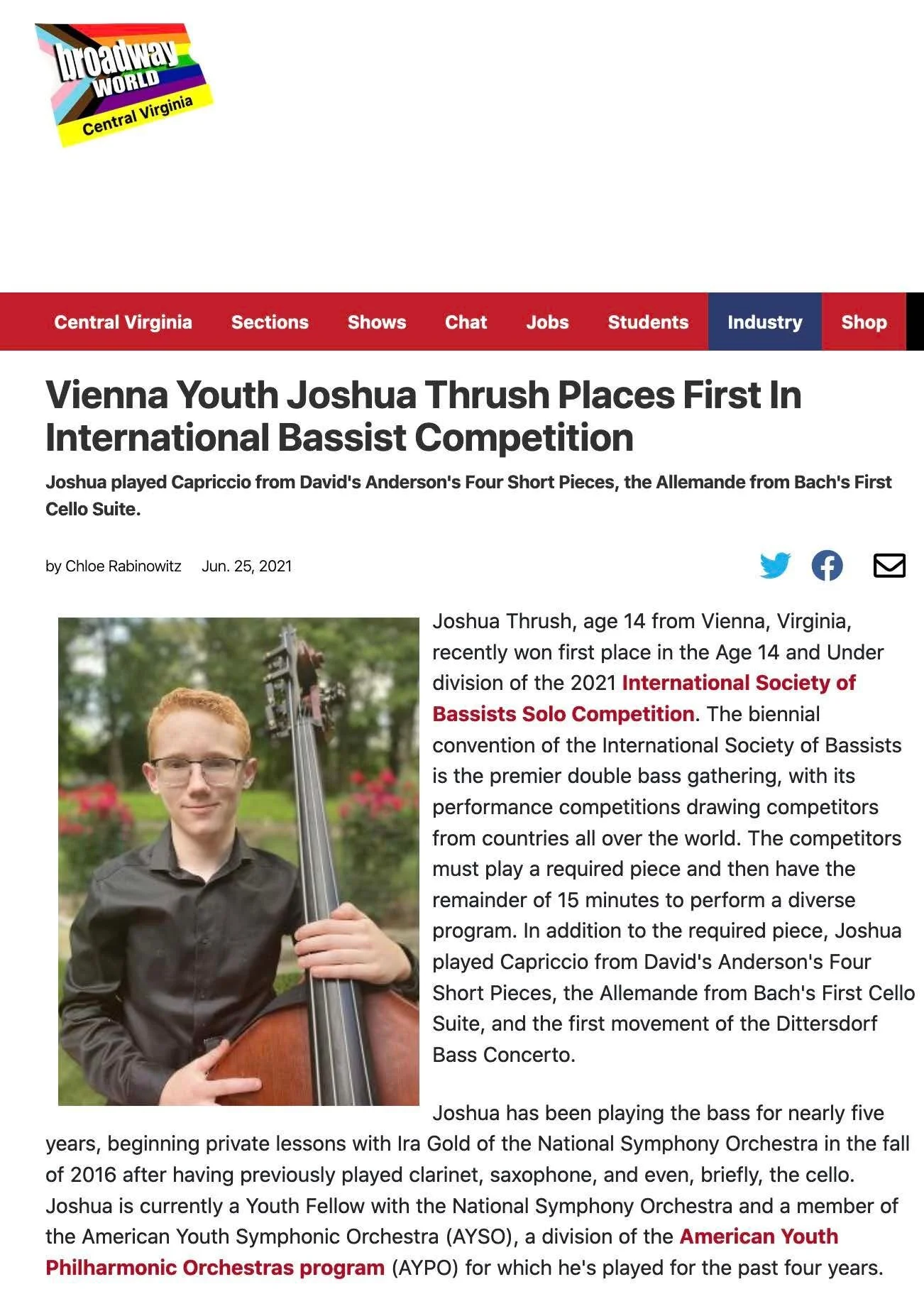 AYPO Musician, Joshua Thrush, wins International Society of Bassists ...