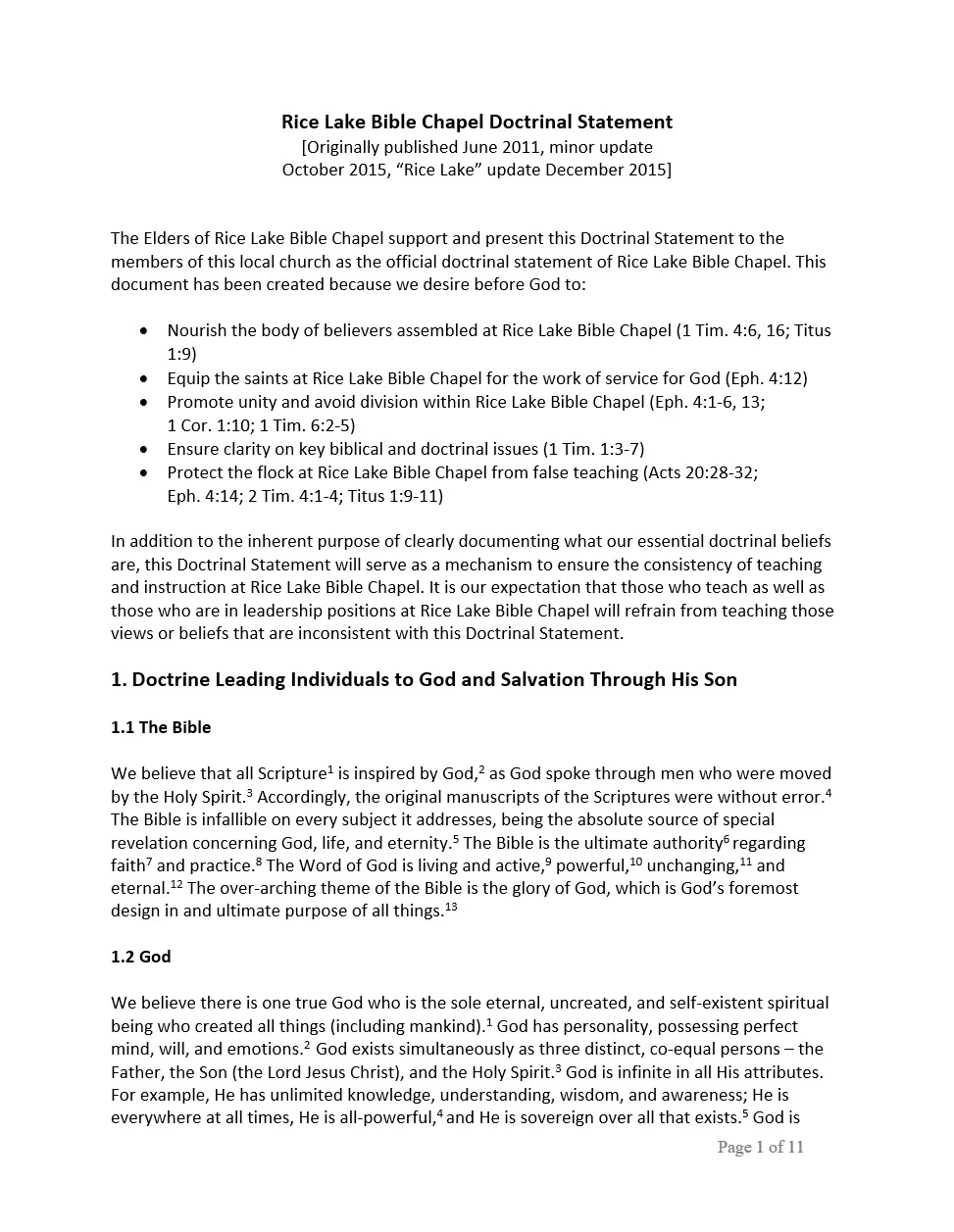 Full Doctrinal Statement — Rice Lake Bible Chapel