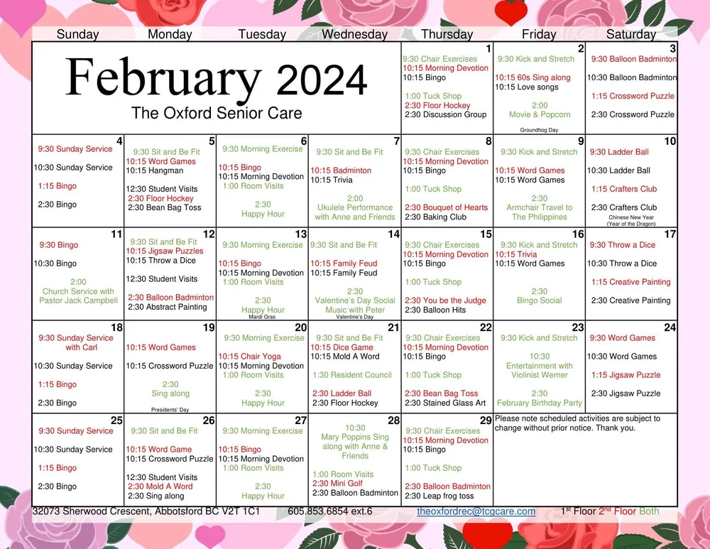 Recreation Calendars — The Care Group BC