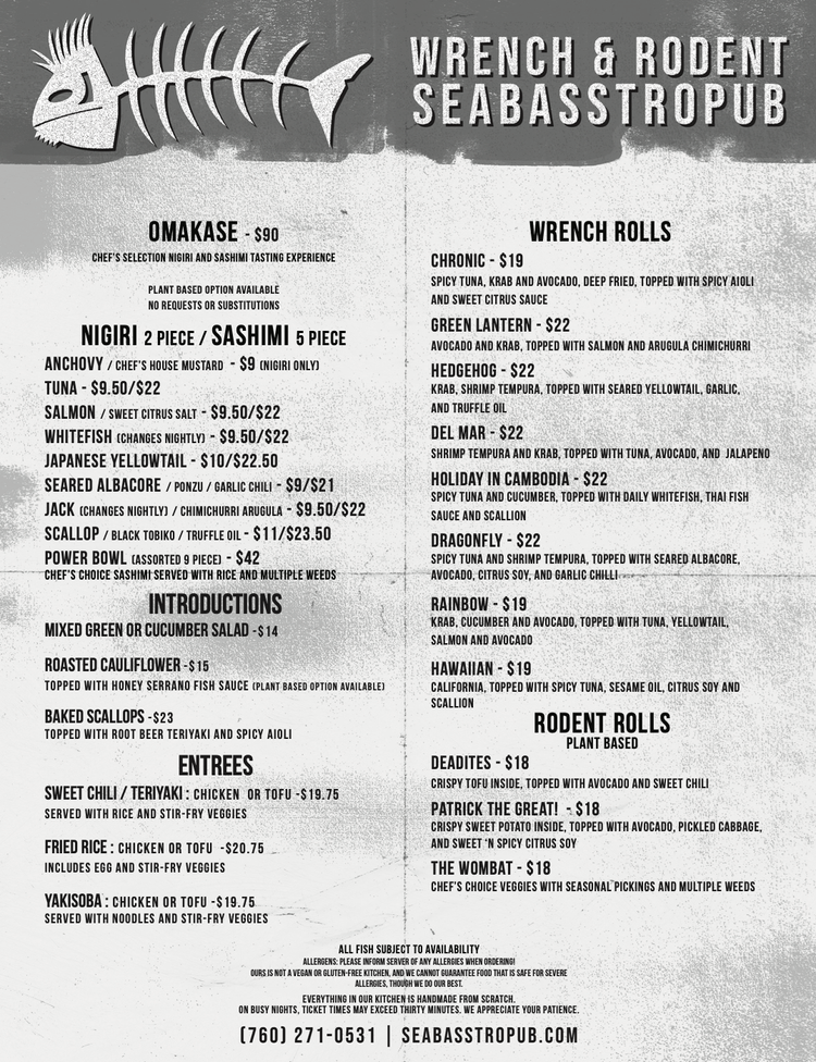 Menu — WRENCH & RODENT SEABASSTROPUB