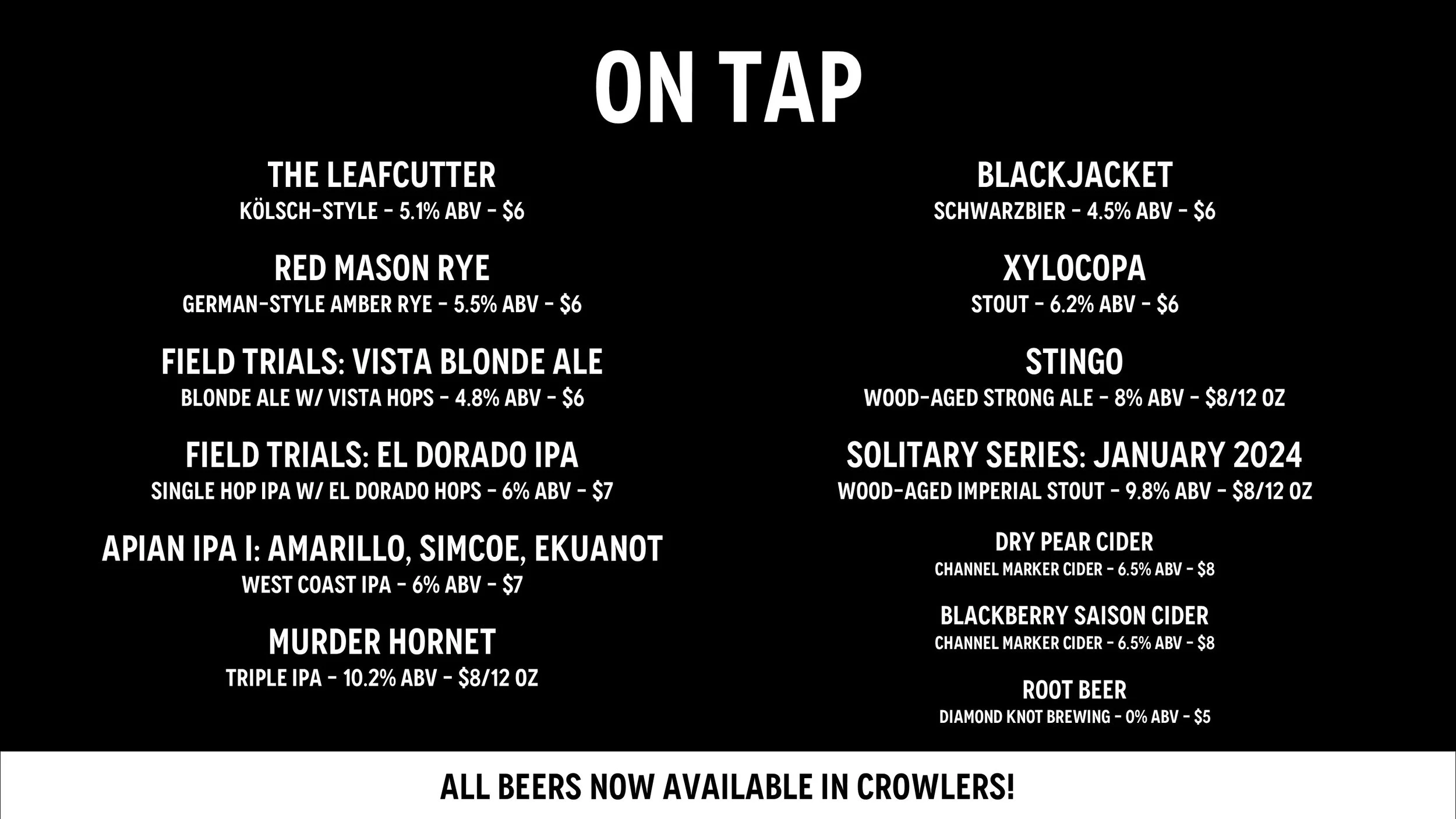 Taproom Menu — Watts Brewing Company