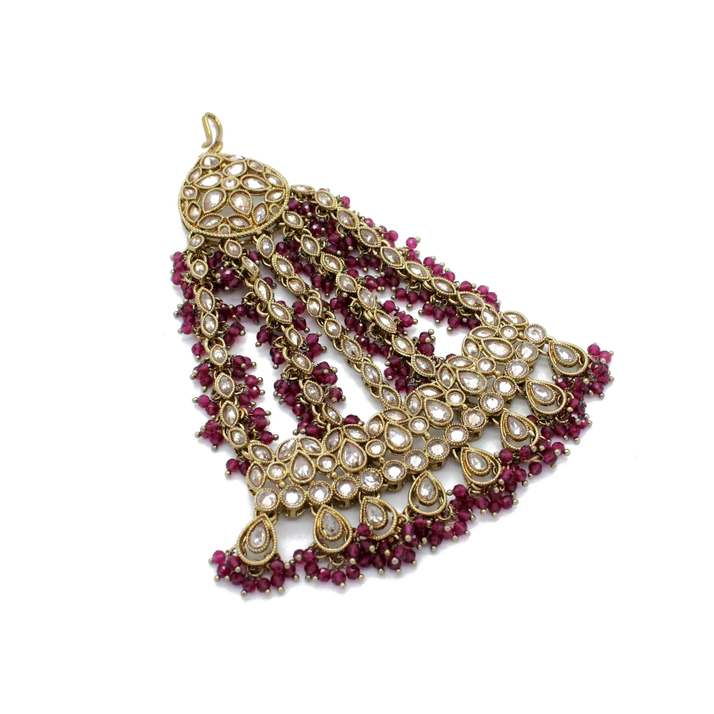 Ruby Antique Gold Pearl Polki Kundan Indian Asian Pakistani Jhoomer Pasa Headpiece Bridal ...