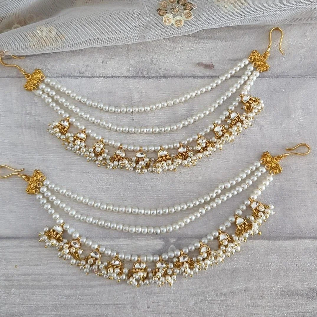 Pachi Kundan Gold Silver Pearl Indian Asian Saharey Ear Chains Bridal ...