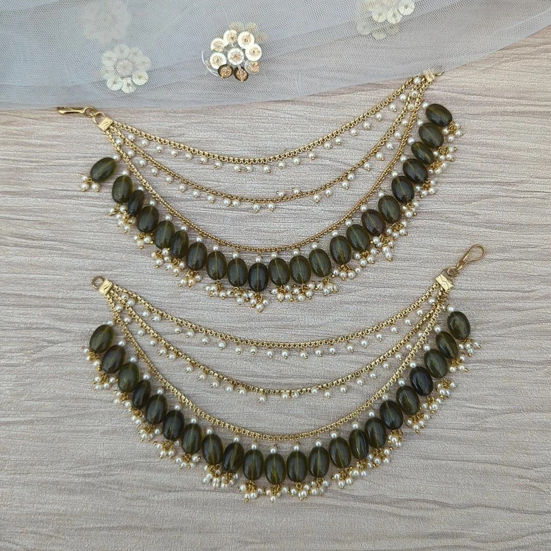 Mehndi Olive Green Antique Gold Pearl Triple Layered Saharey Chains ...