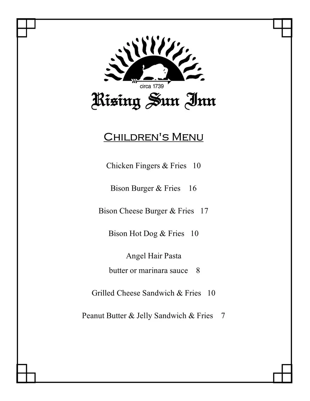 Menus — Rising Sun Inn