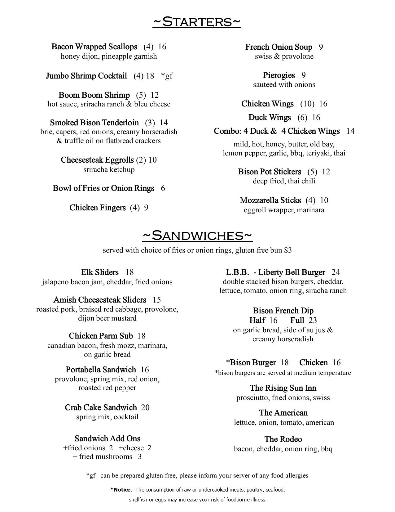 Menus — Rising Sun Inn