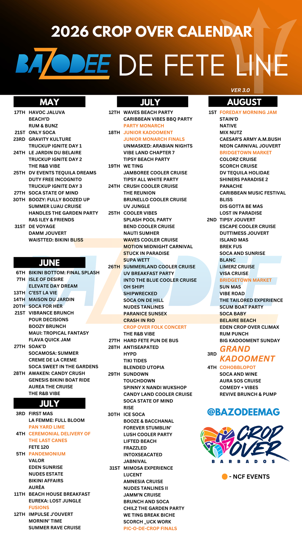 Crop Over Calendar 2026 - De Fete Line — Bazodee Magazine