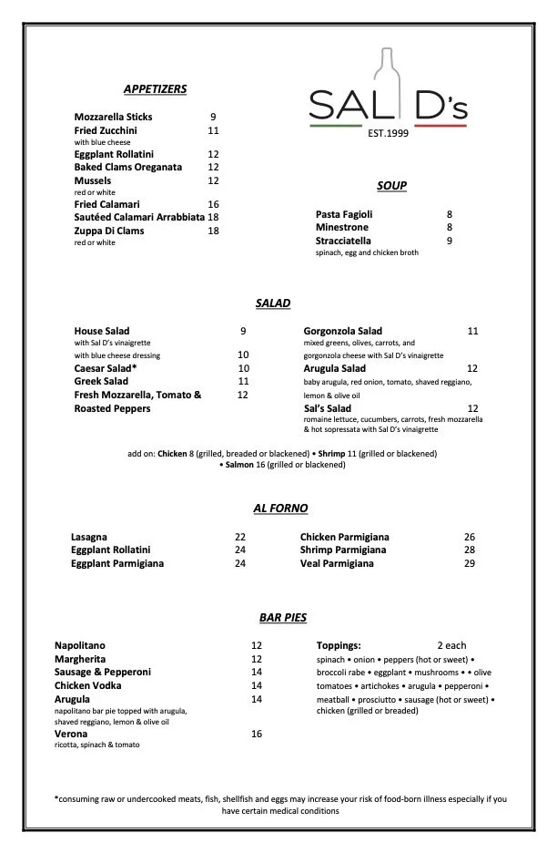 Menus — Sal D's Restaurant