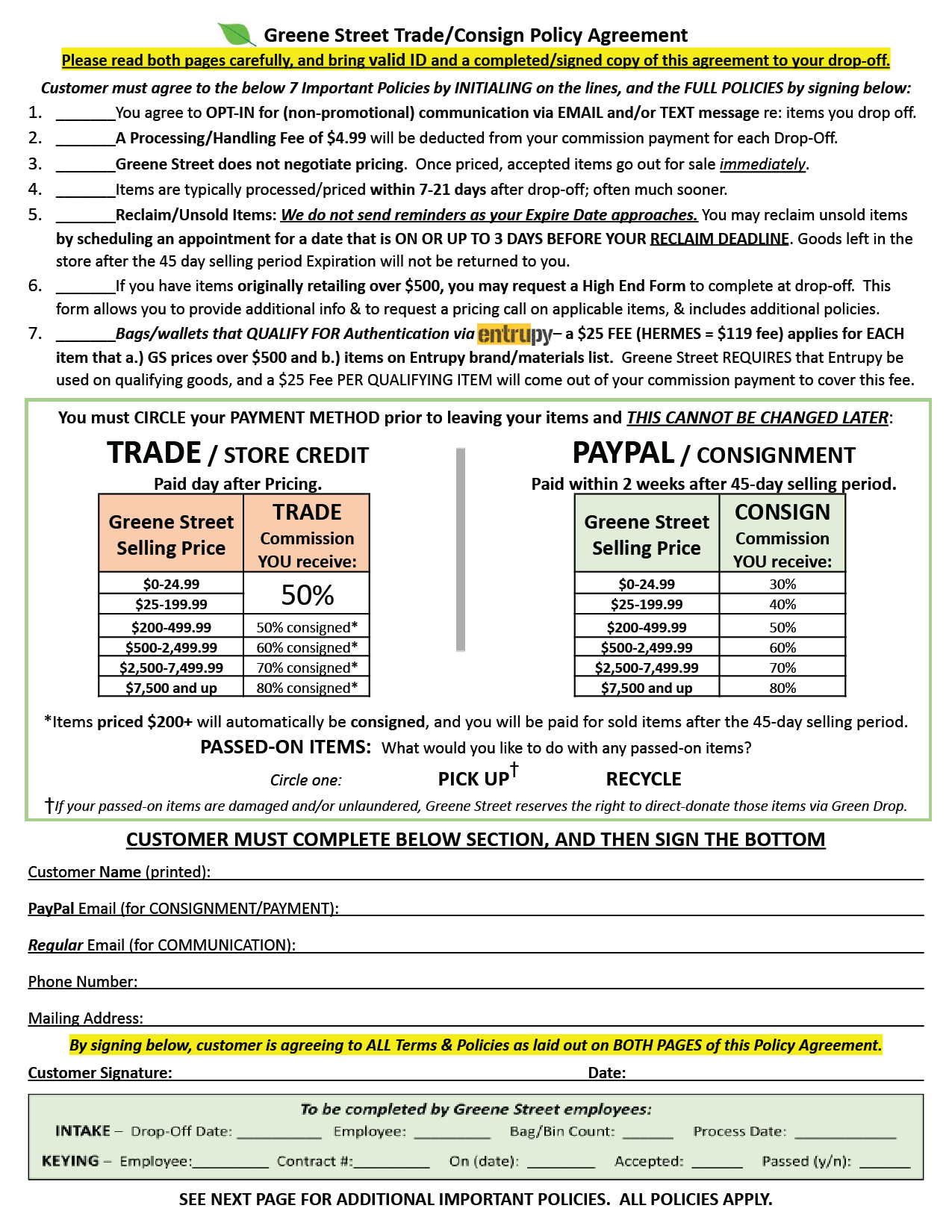 Consign/Trade Policy Agreement — Greene Street
