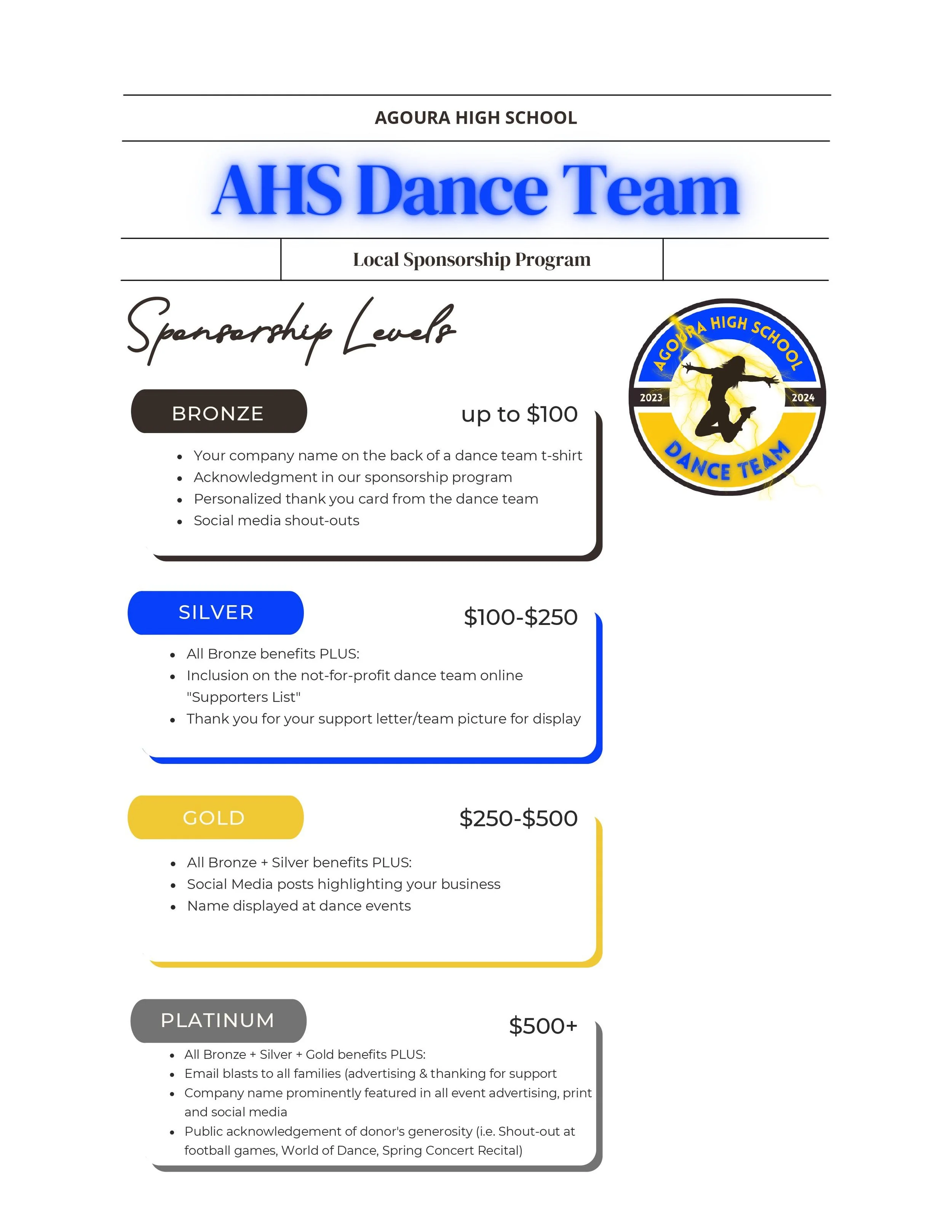 Sponsorship Levels — Agoura Dance Team