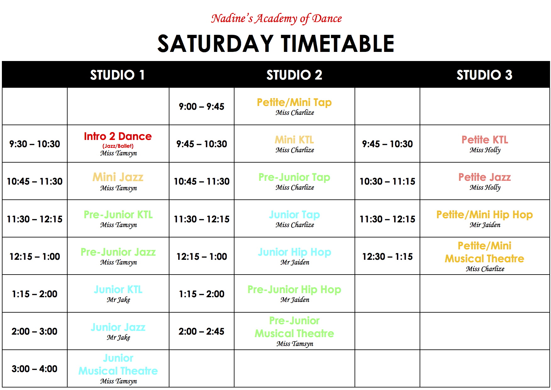 timetable — Nadine's Academy Of Dance