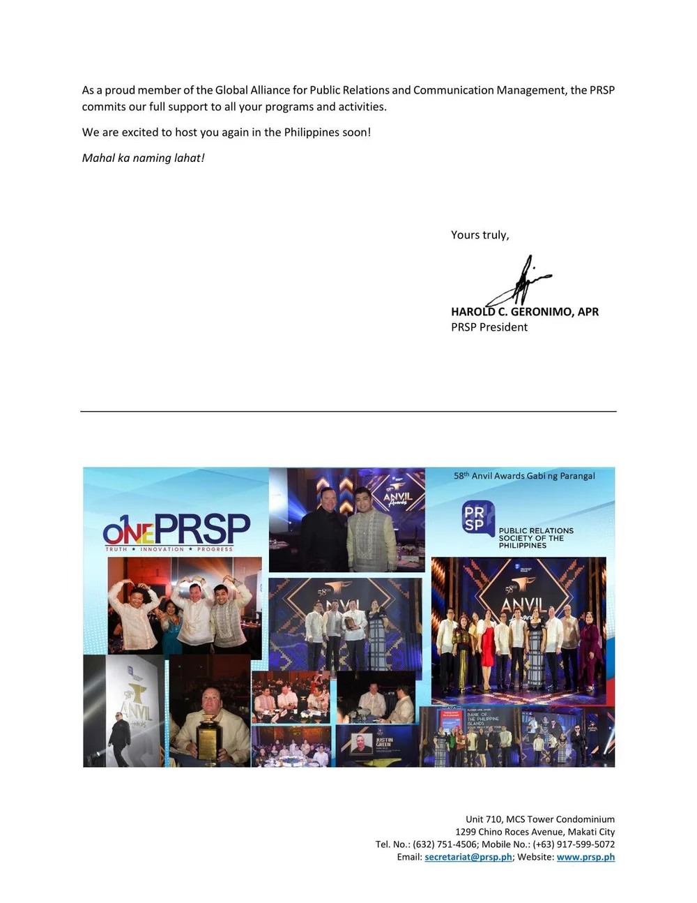 An Appreciation Letter from the Public Relations Society of the Philippines (PRSP) — Global Alliance