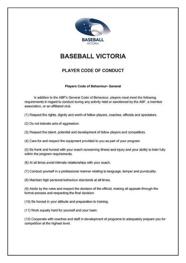 Player Code Of Conduct — Upwey FTG Baseball Club