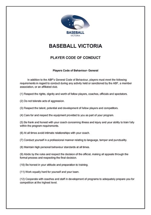 Player Code Of Conduct — Upwey FTG Baseball Club