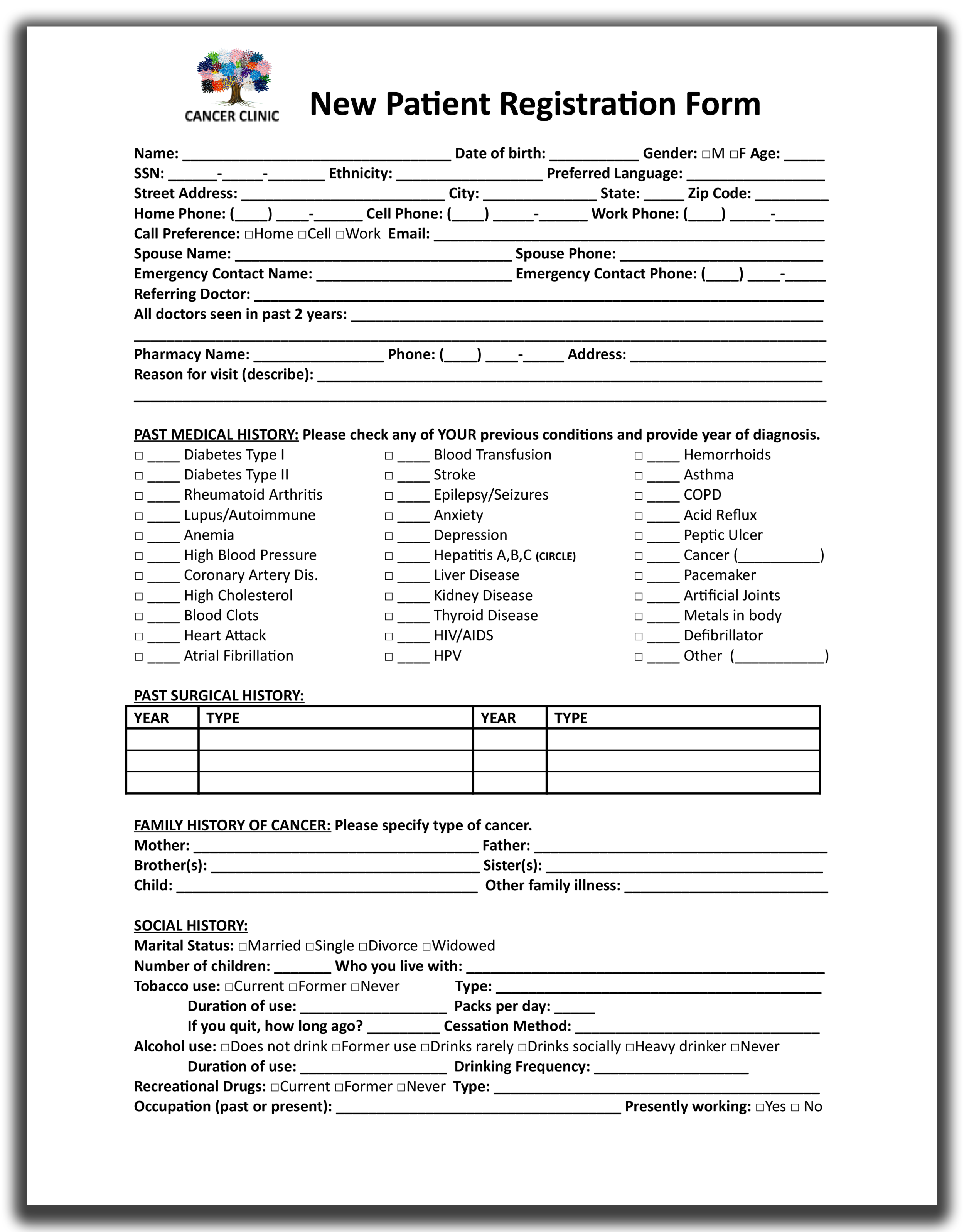 Patient Forms Cancer Clinic