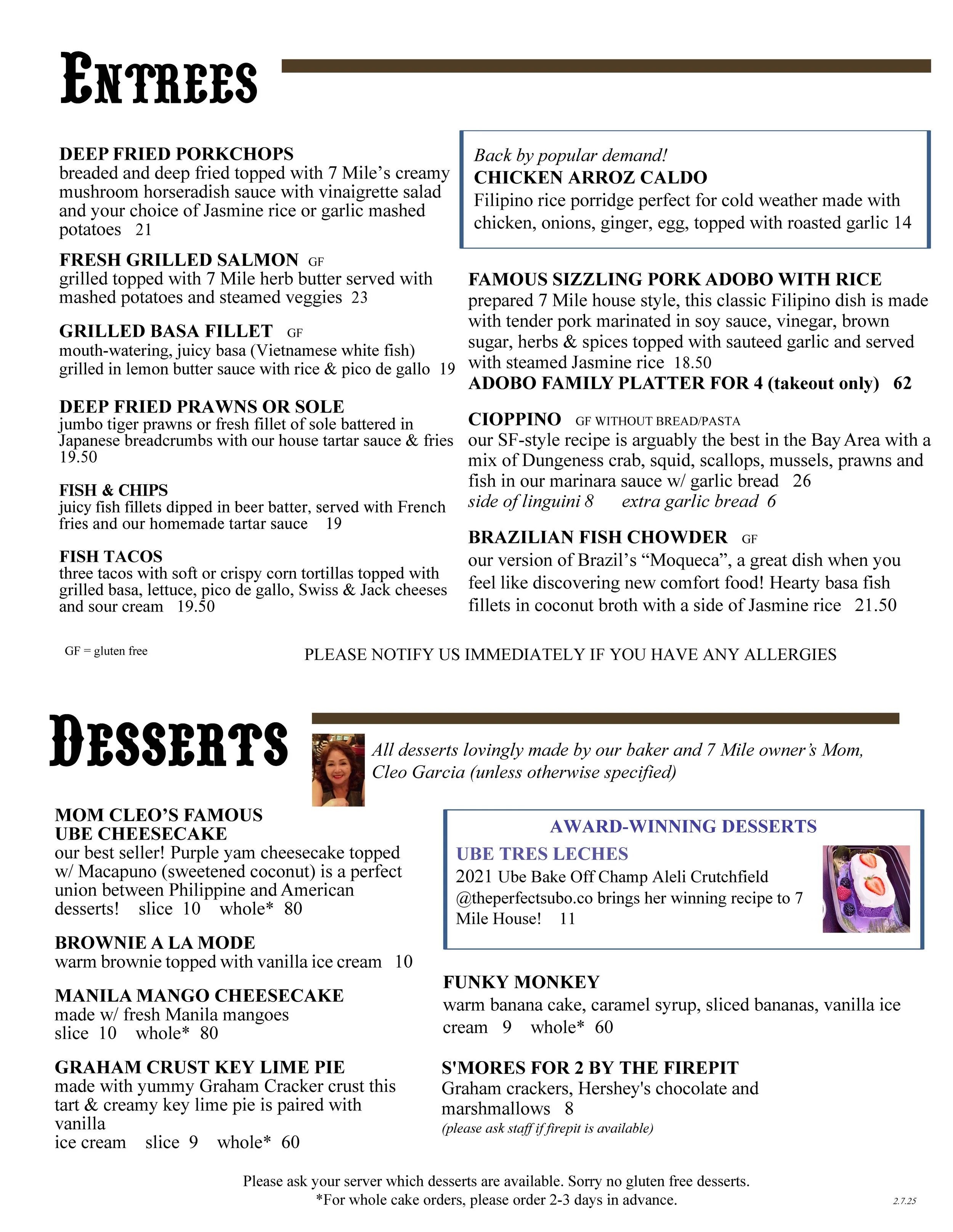 Menu | Filipino, Italian and American Food — 7 Mile House