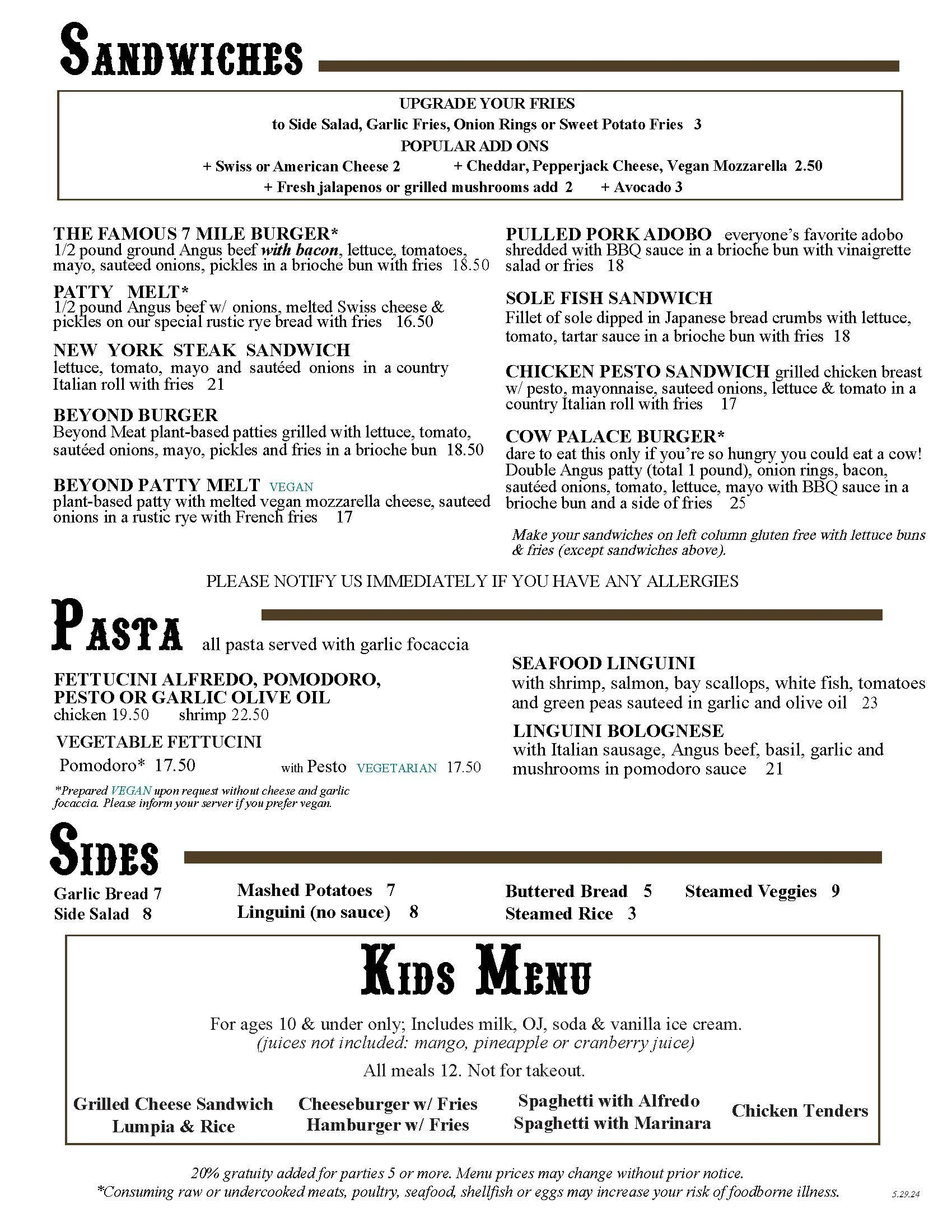 Menu | Filipino, Italian and American Food — 7 Mile House