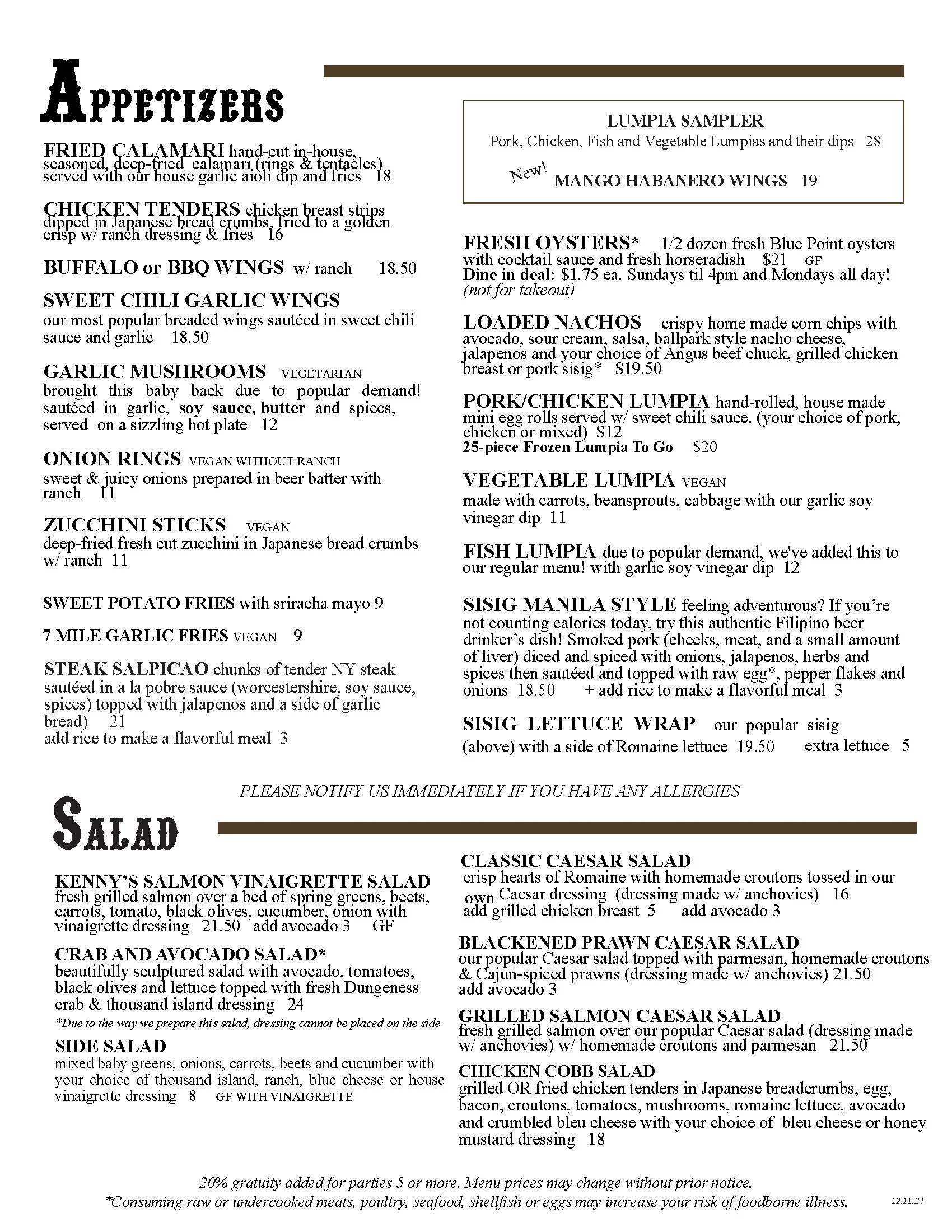 Menu | Filipino, Italian and American Food — 7 Mile House