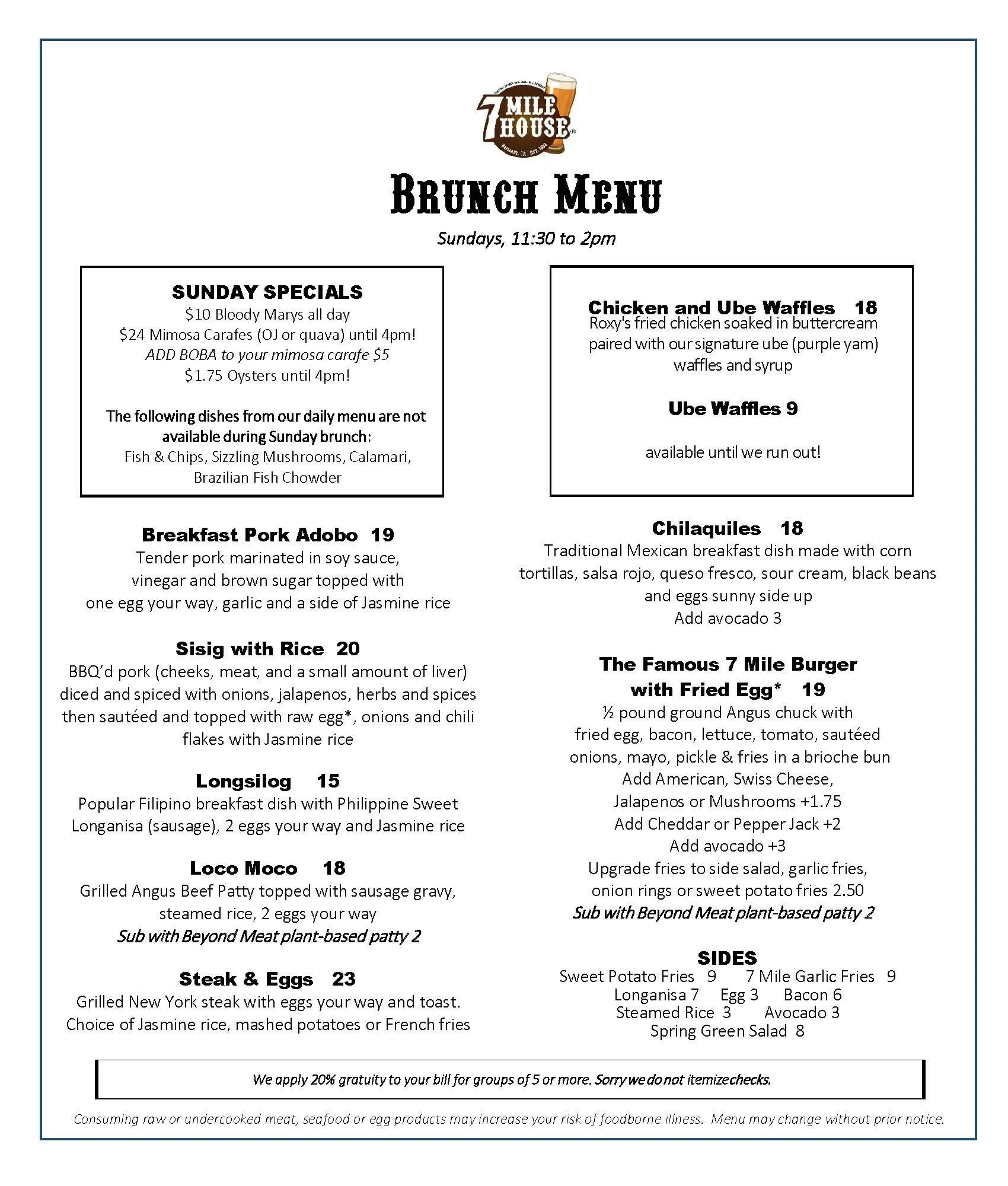 Menu | Filipino, Italian and American Food — 7 Mile House