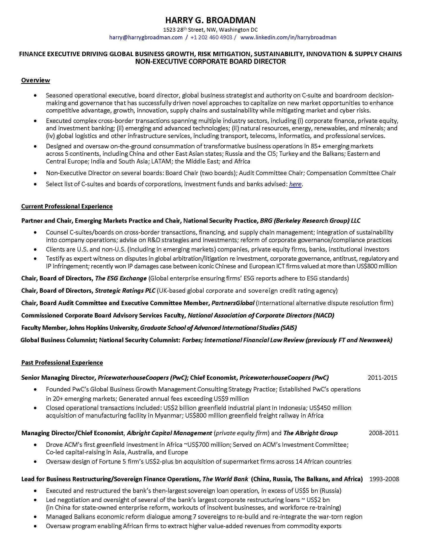 Executive CV and Bio — HARRY G. BROADMAN