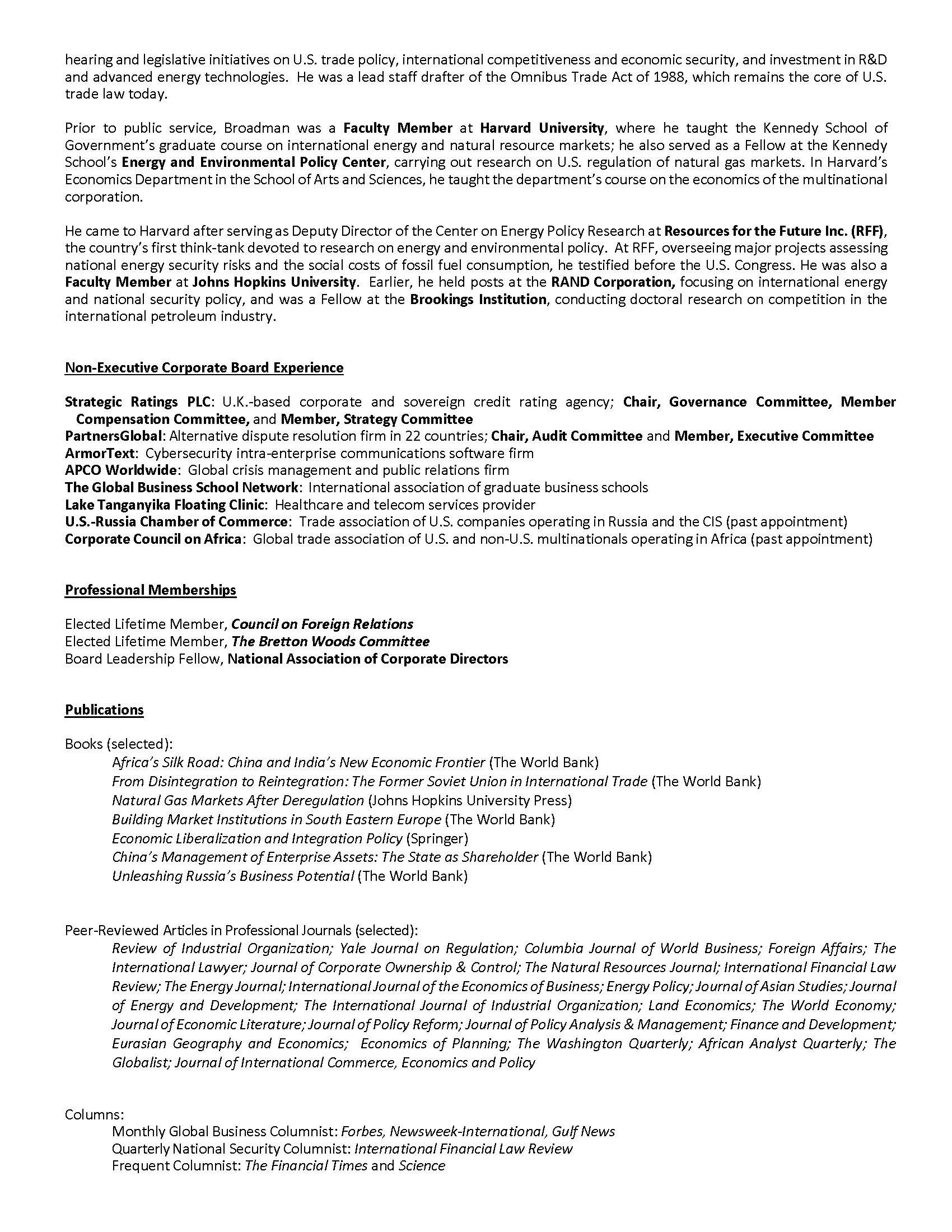 Executive CV and Bio — HARRY G. BROADMAN