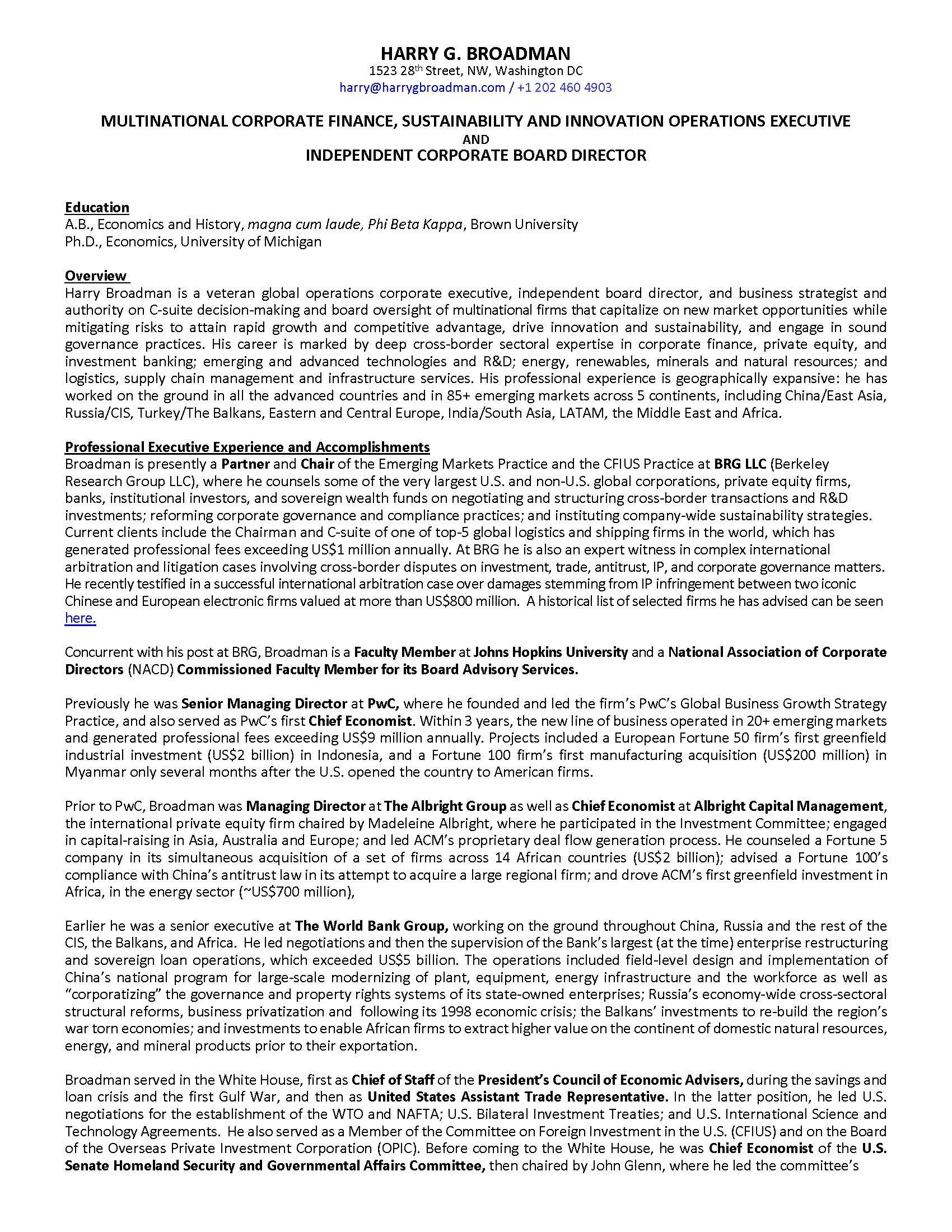 Executive CV and Bio — HARRY G. BROADMAN