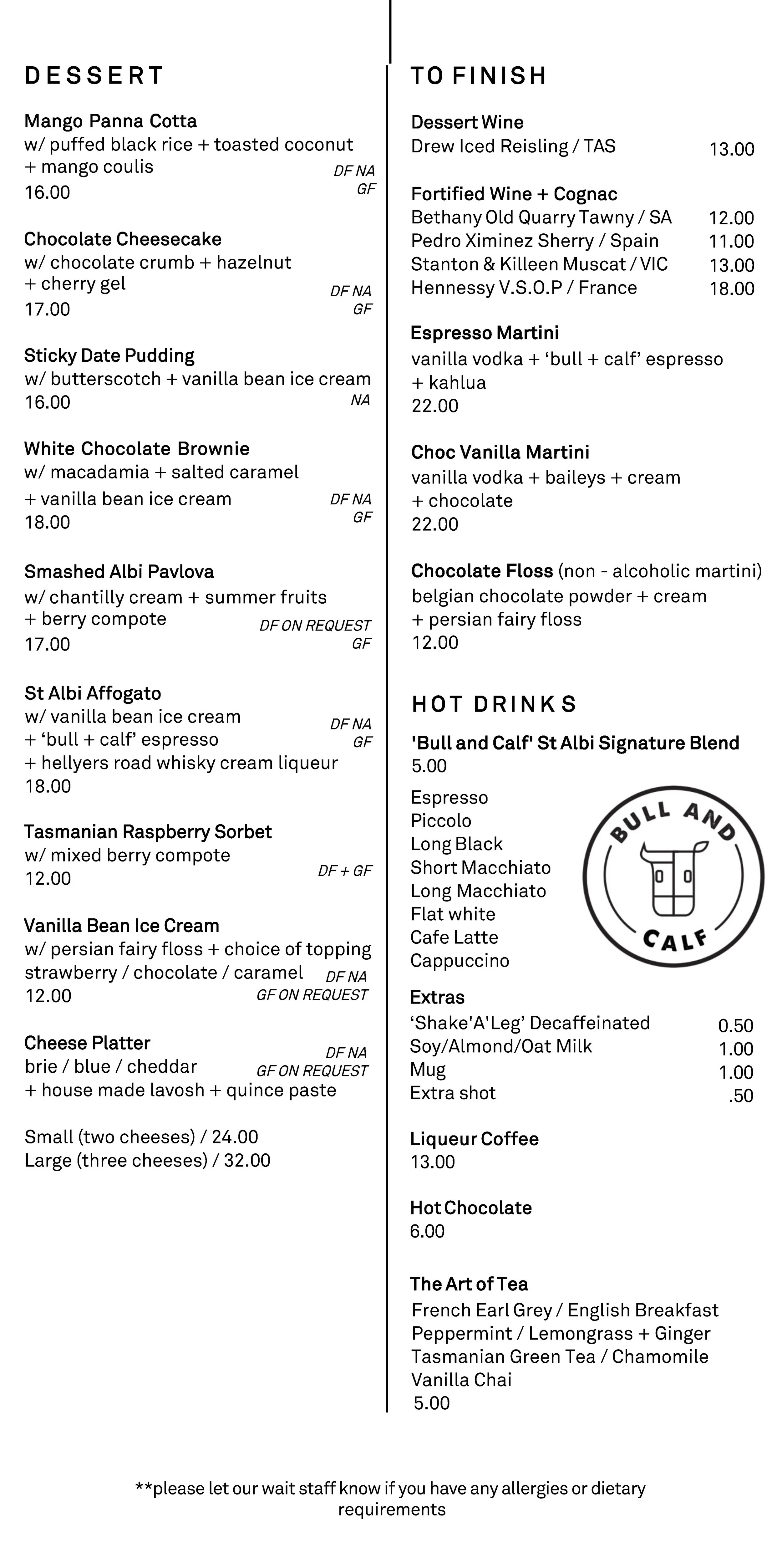 A La Carte - Gluten + Dairy Free Options — ST. ALBI