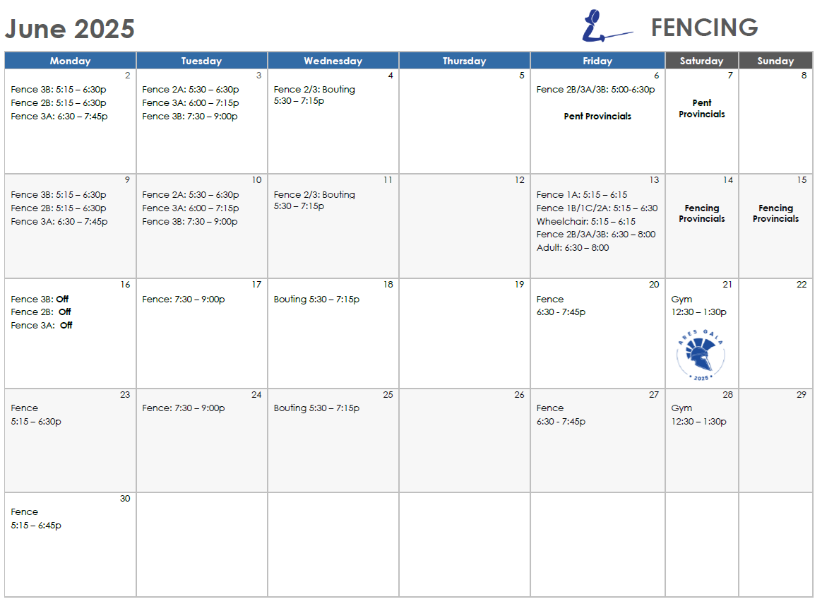 Ares Pentathlon & Fencing Club Calendar