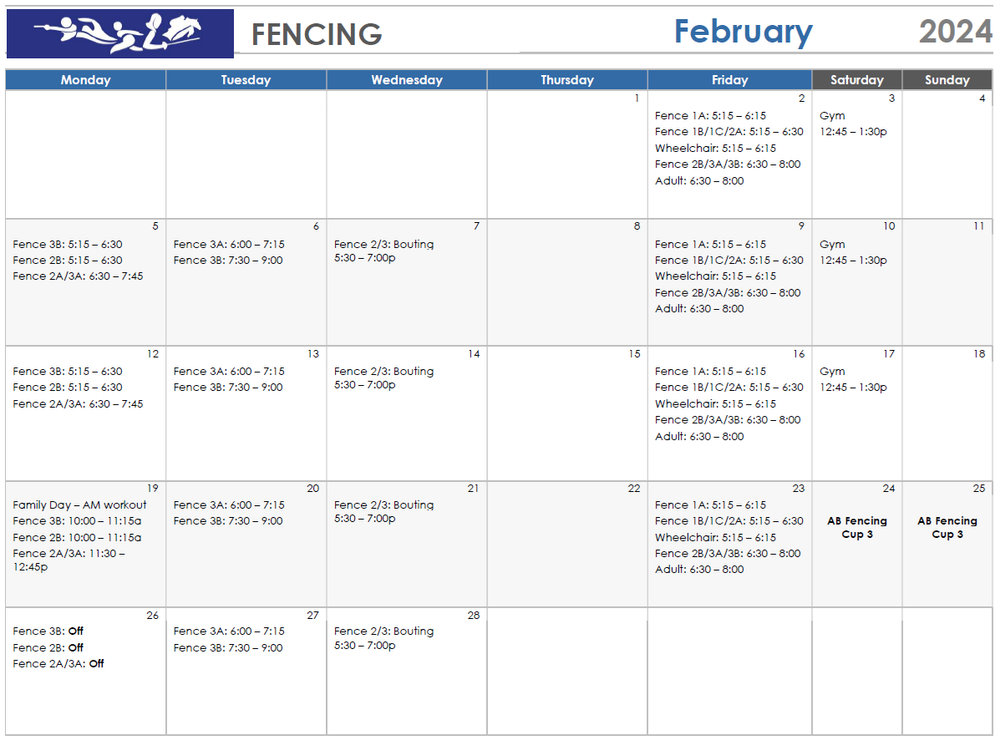 Ares Pentathlon & Fencing Club Calendar