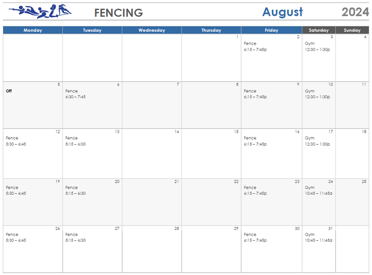 Ares Pentathlon & Fencing Club Calendar