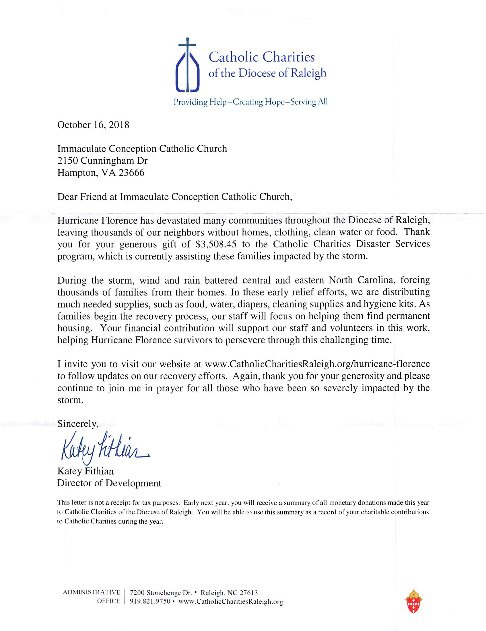 Church Donation Thank You Letter Tax Purposes