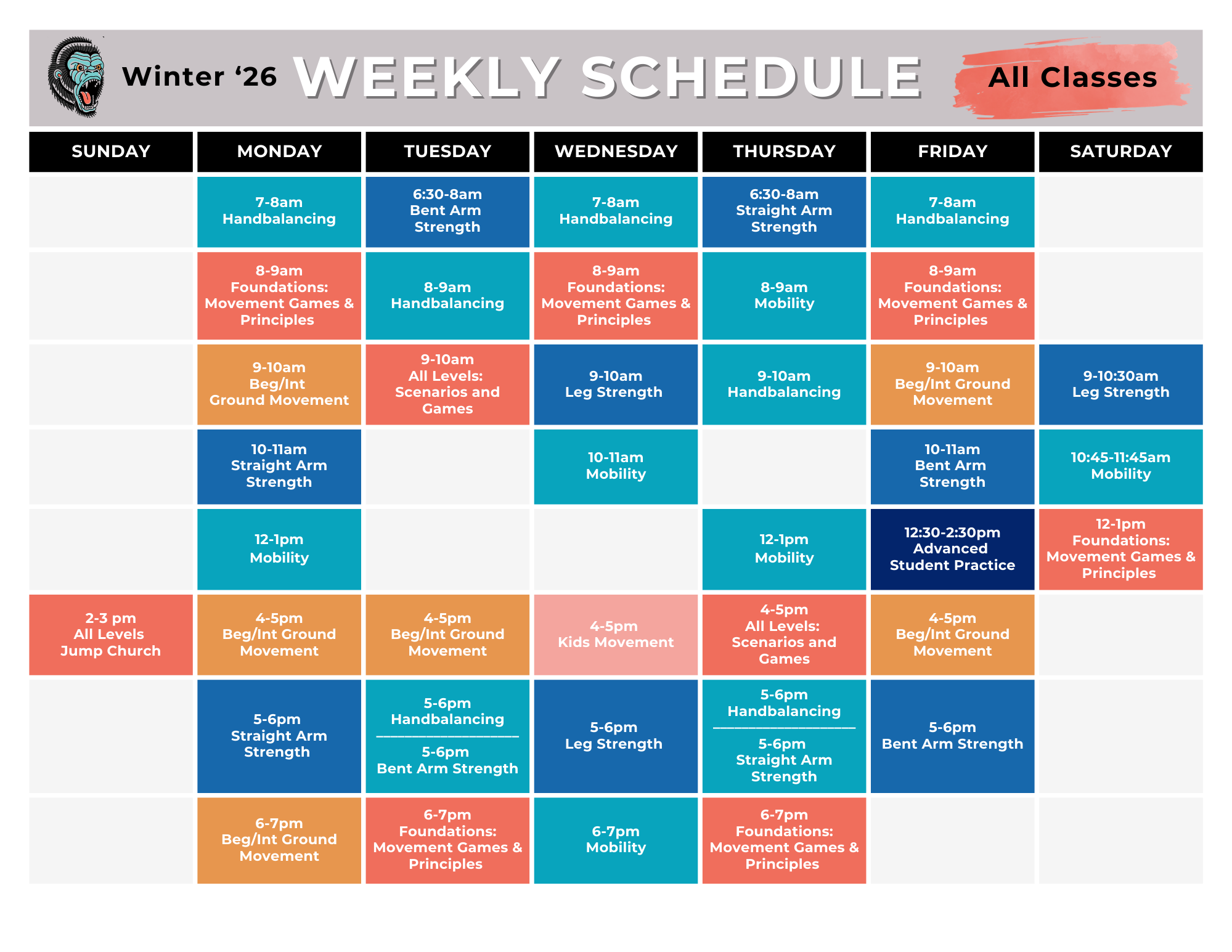 Class Schedule — Ape Co Movement School
