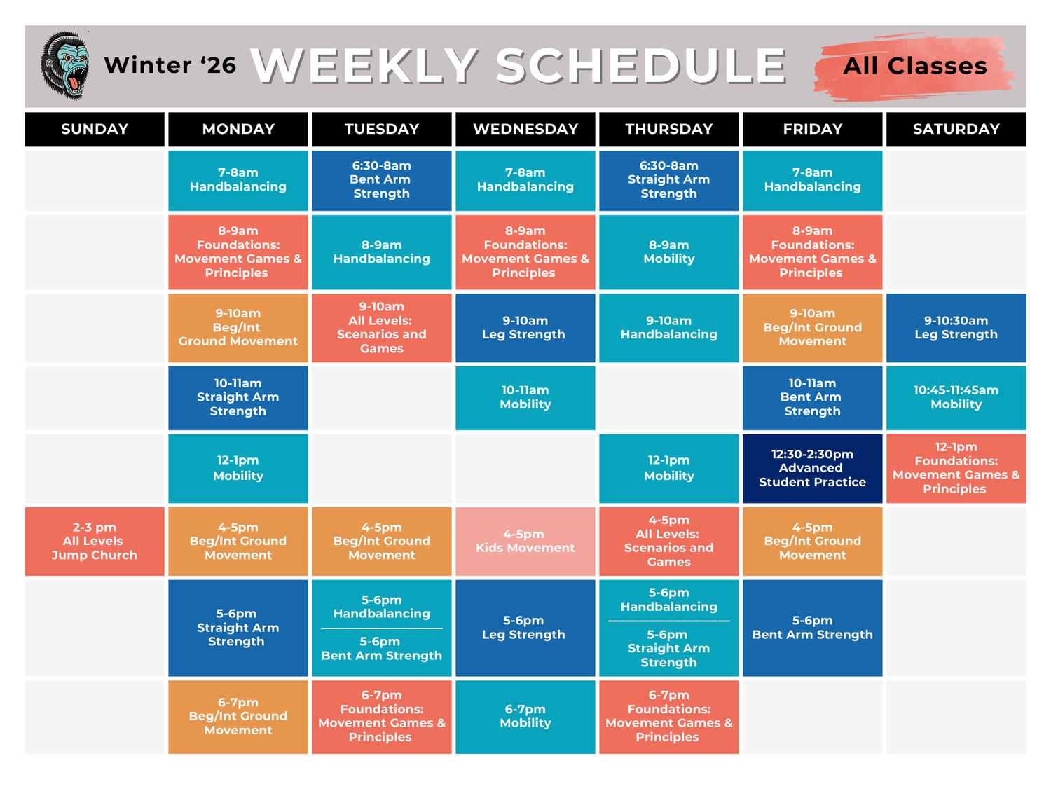 Class Schedule — Ape Co Movement School