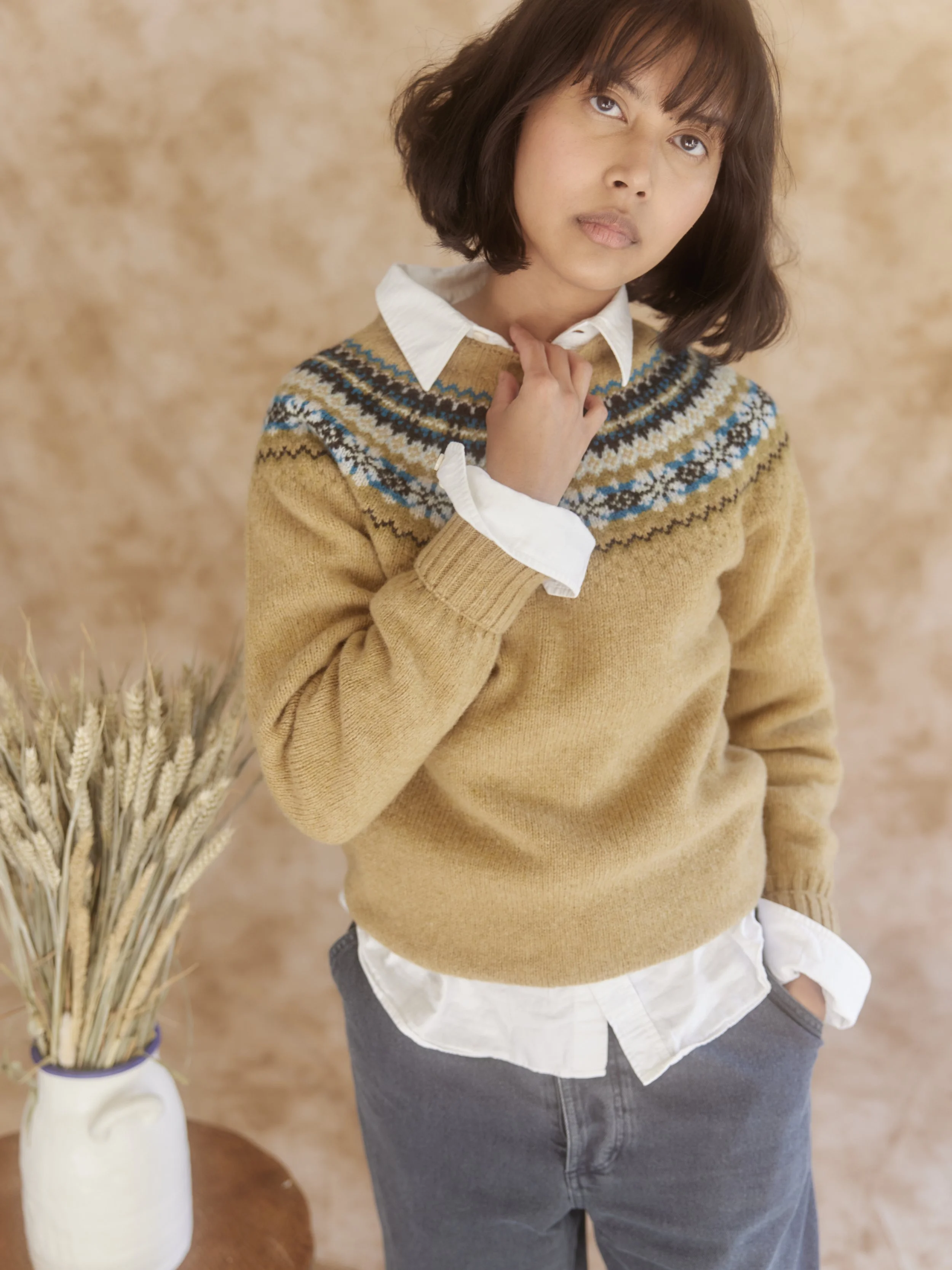 Womens West Coast Yoke Fair Isle Jumper - Autumn Crisp Gold — Bosie