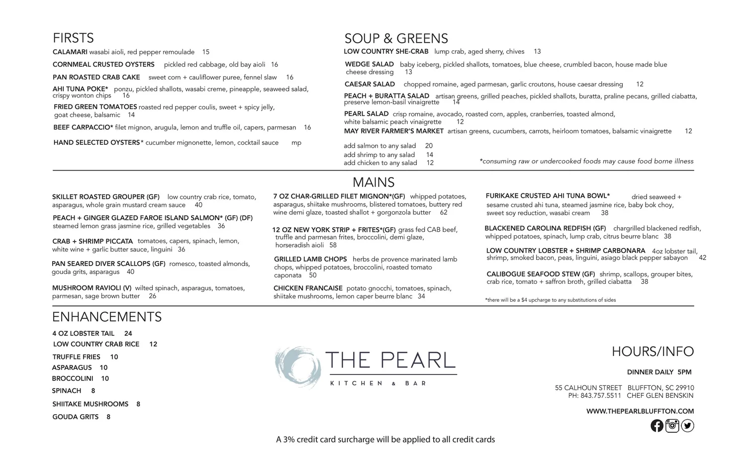 Menu — The Pearl Kitchen & Bar Bluffton, South Carolina's Coastal ...