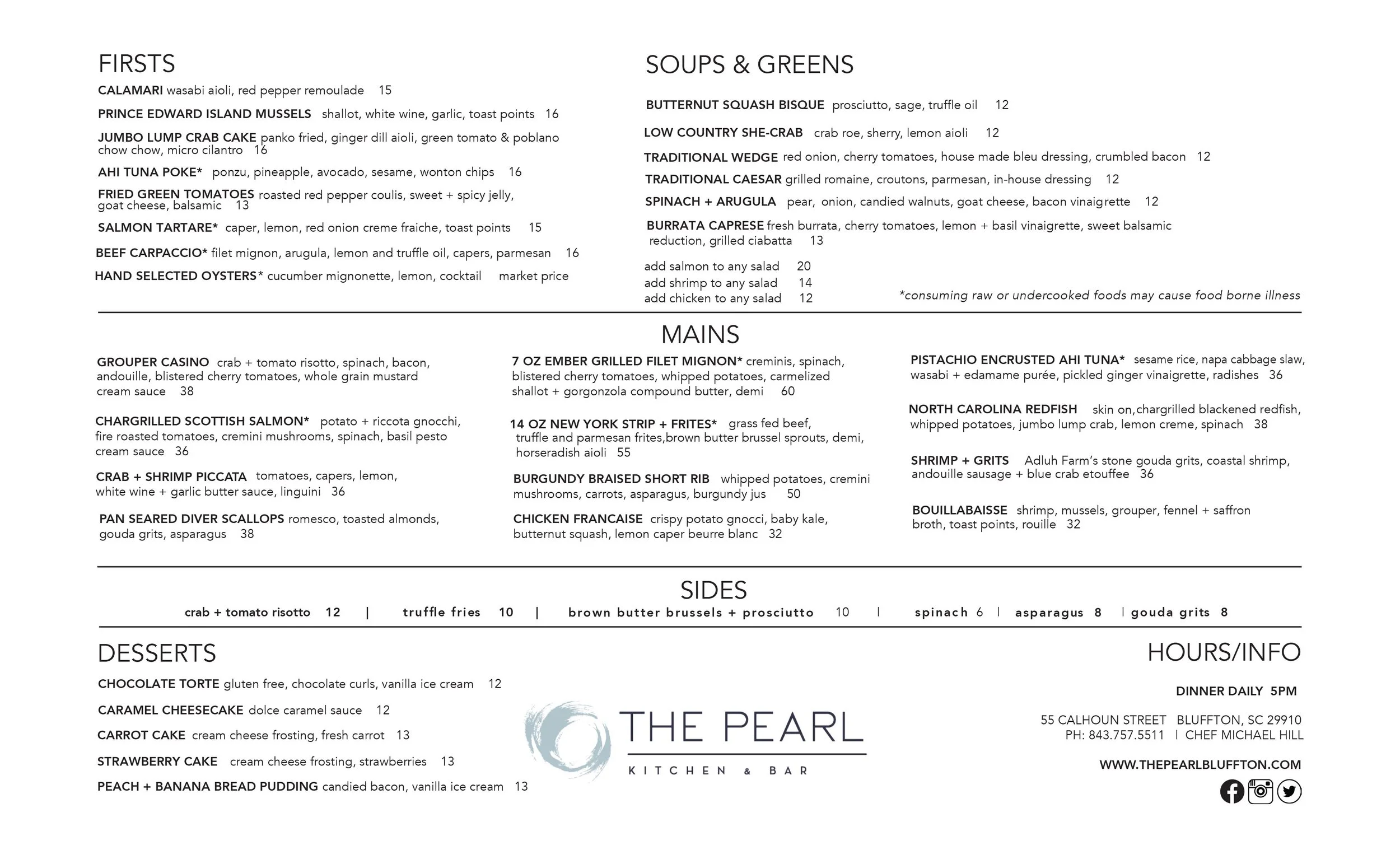 Dinner Menu — The Pearl Kitchen & Bar Bluffton, South Carolina's ...