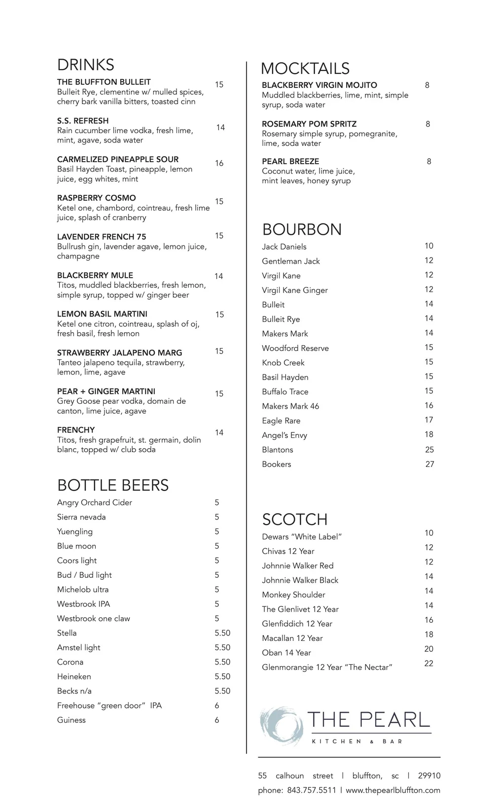 Menu — The Pearl Kitchen & Bar Bluffton, South Carolina's Coastal ...