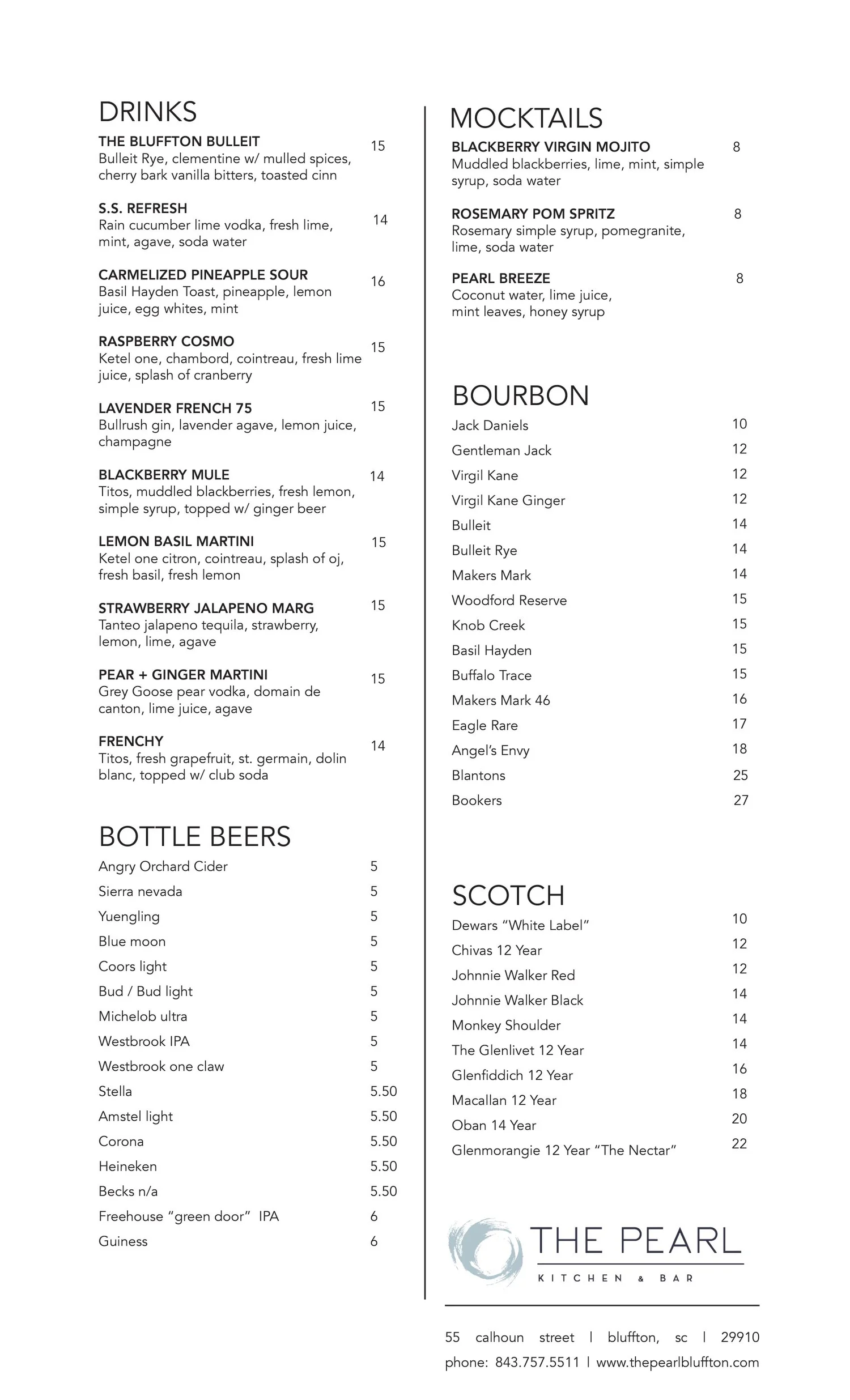 Menu — The Pearl Kitchen & Bar Bluffton, South Carolina's Coastal ...