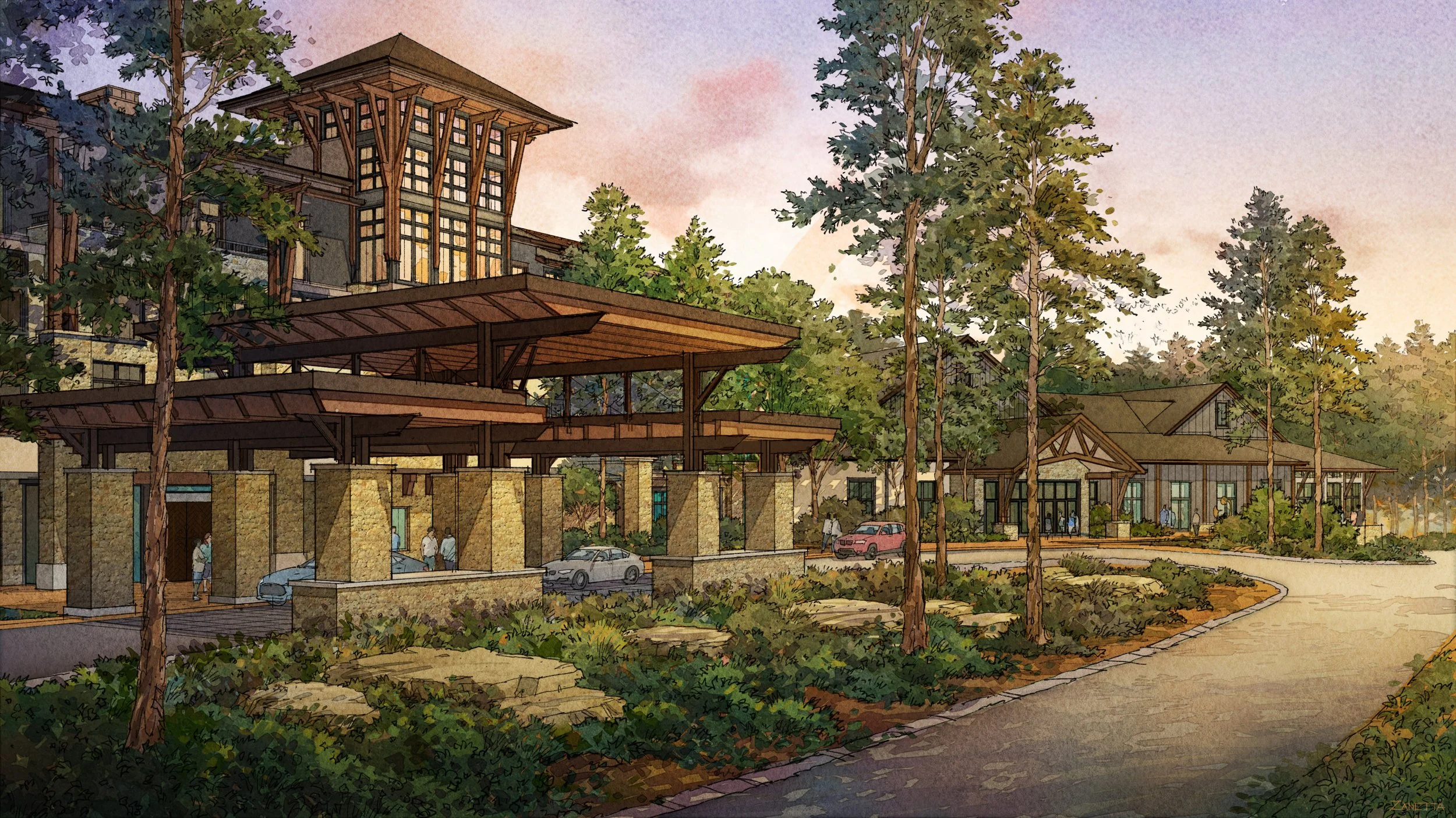 Hand drawn, architectural renderings