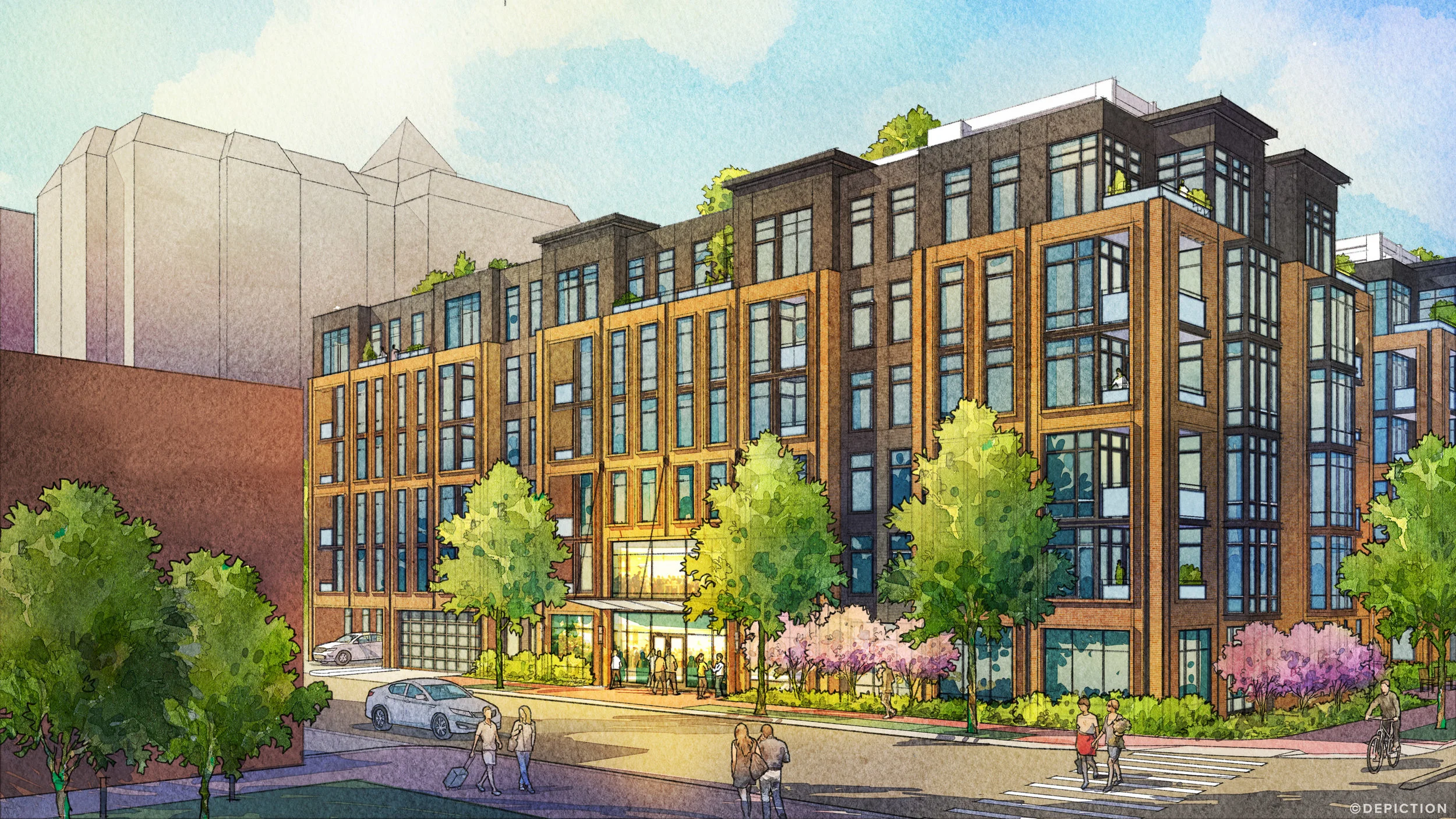 Hand drawn, architectural renderings