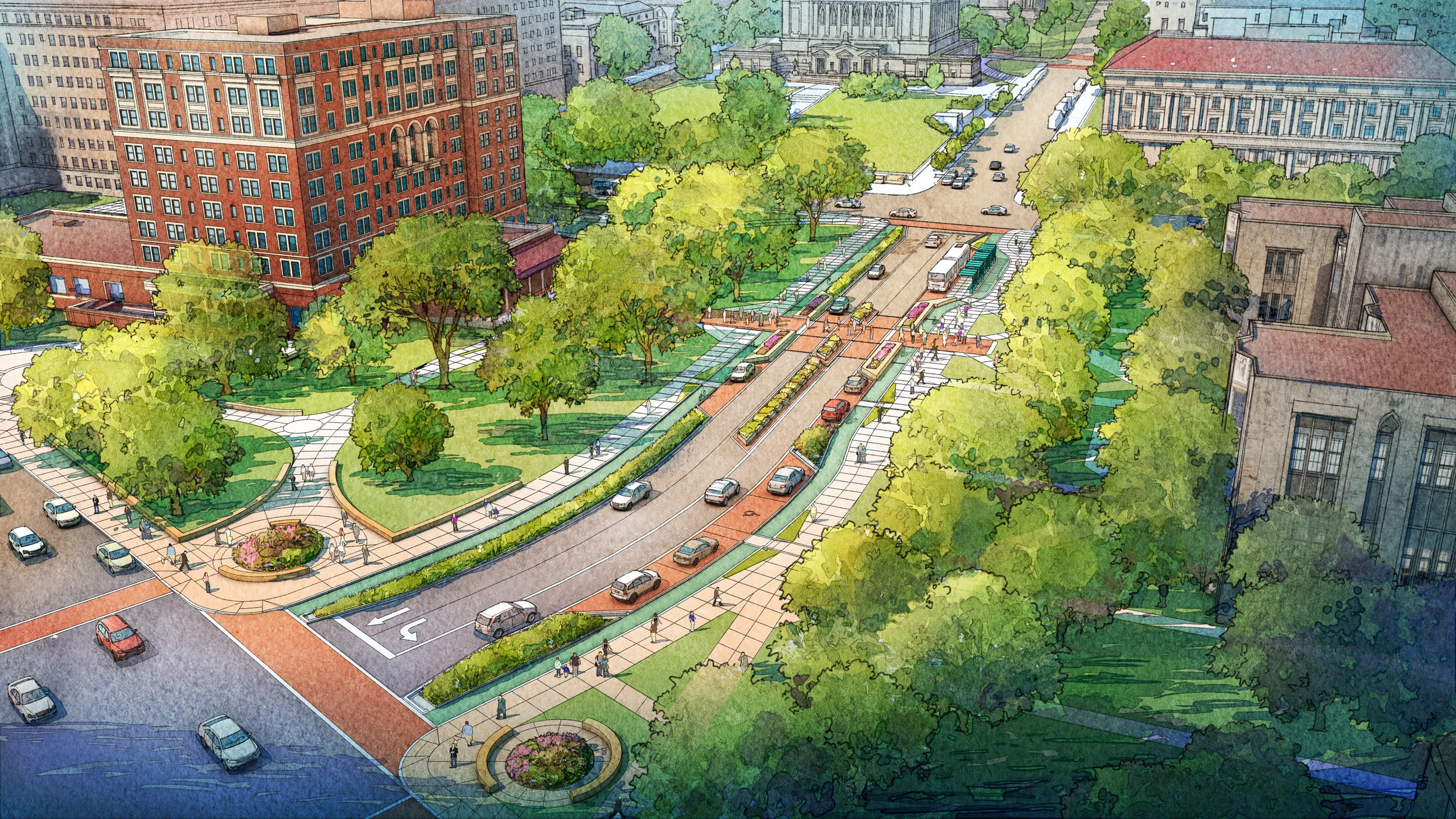 Hand drawn, architectural renderings